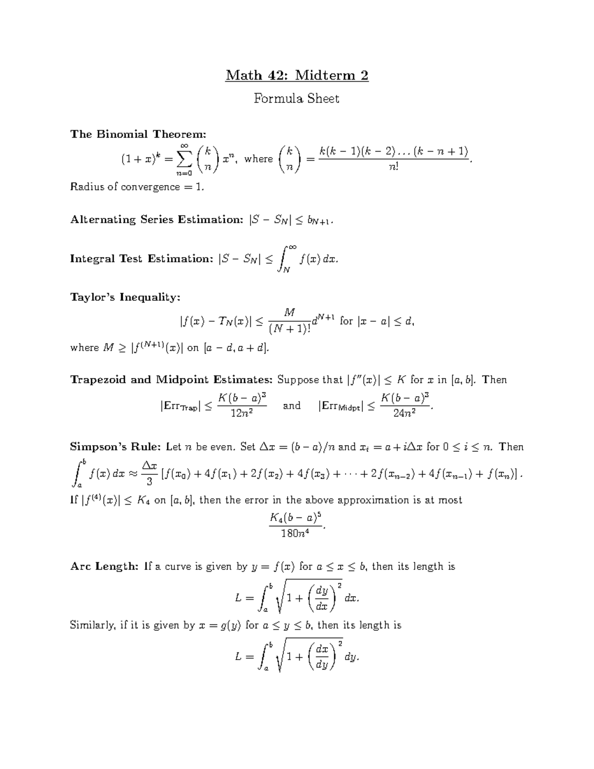 Summary - Formulas midterm 2 - Math 42: Midterm 2 Formula Sheet The ...