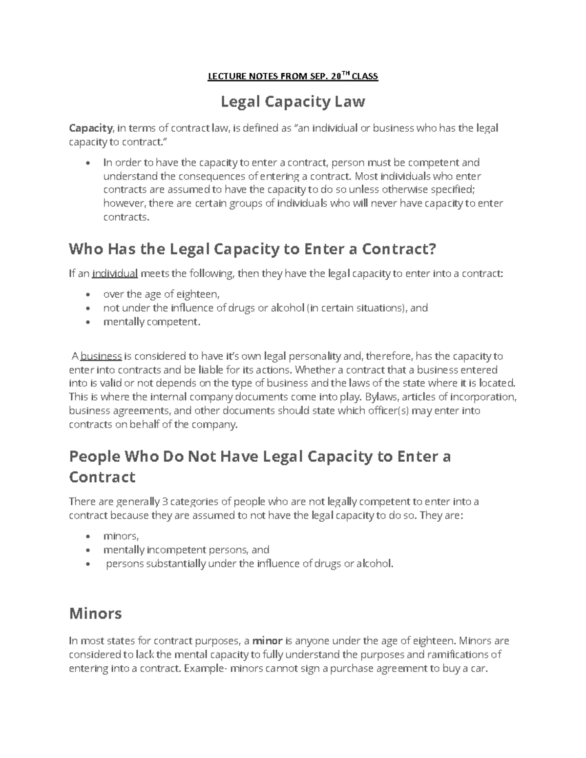Lecture Notes From Sep 20 Capacity To Enter Into Contracts Lecture Notes From Sep 20th Class