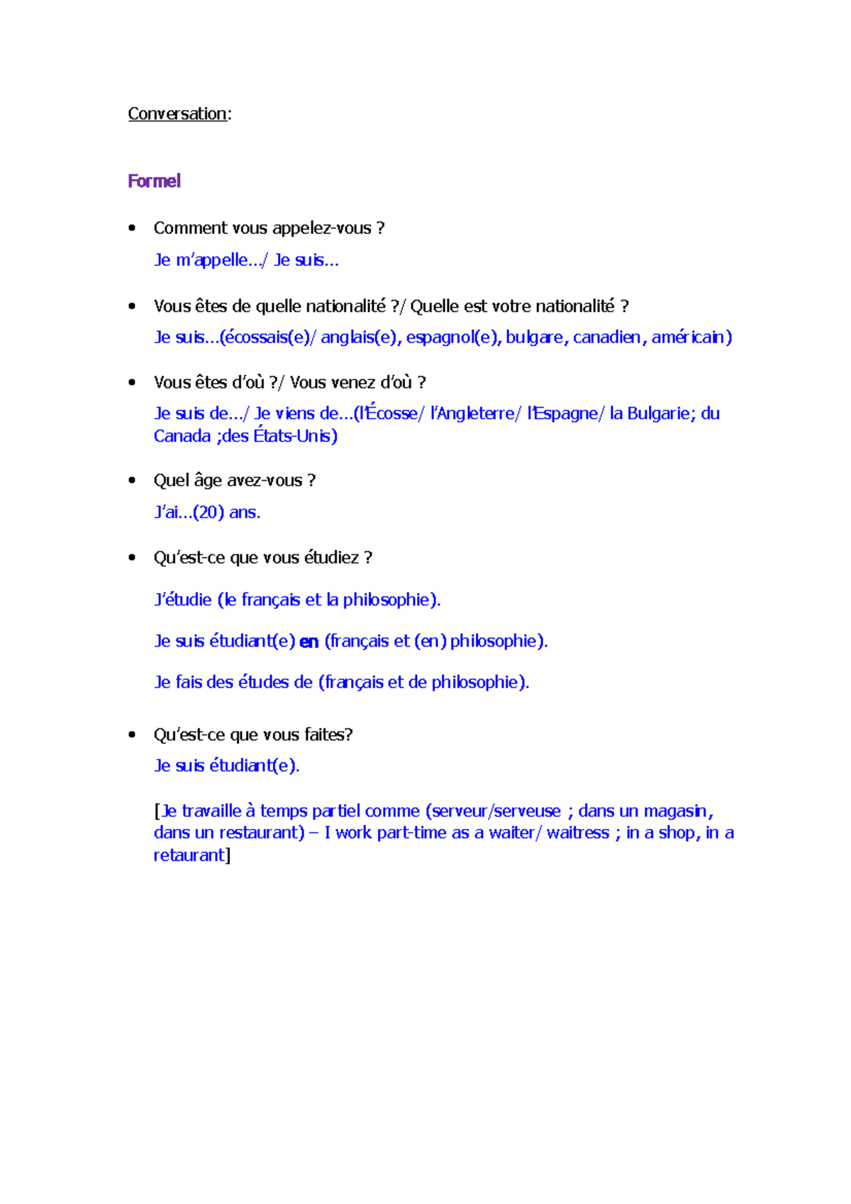 PF11001 Conversation Semaine 2 - Conversation: Formel Comment vous ...
