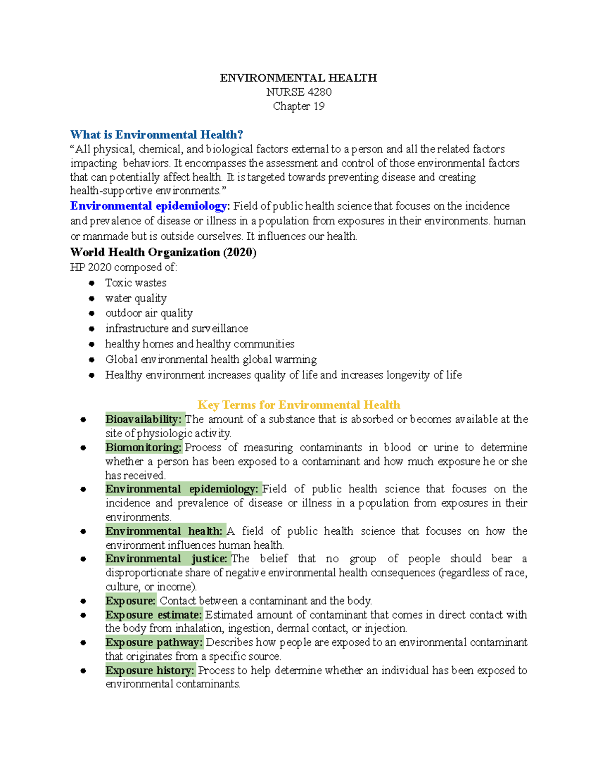 Environmental Health Outline - ENVIRONMENTAL HEALTH NURSE 4280 Chapter ...