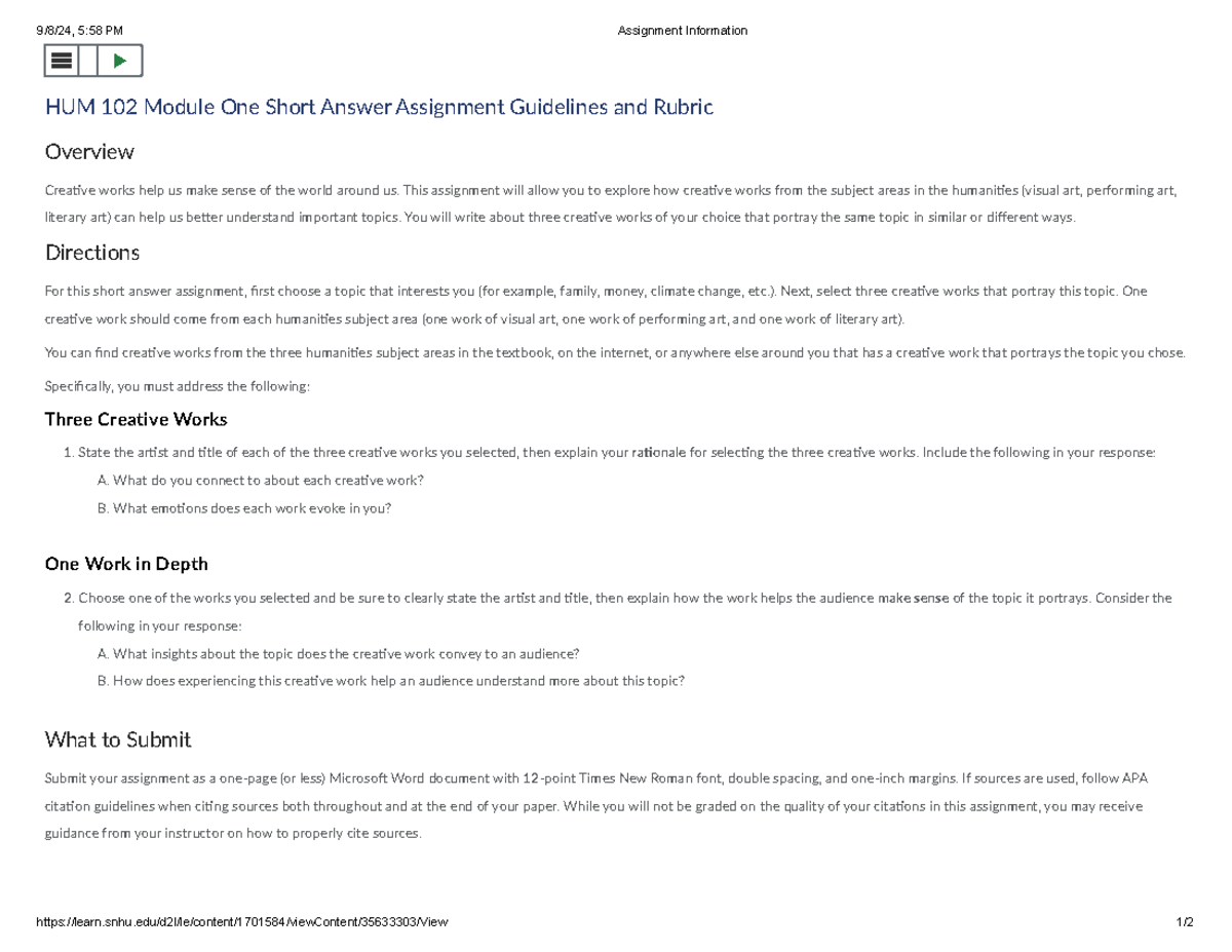 Module One Short Answer Assignment Guidelines and Rubric - HUM-102 ...