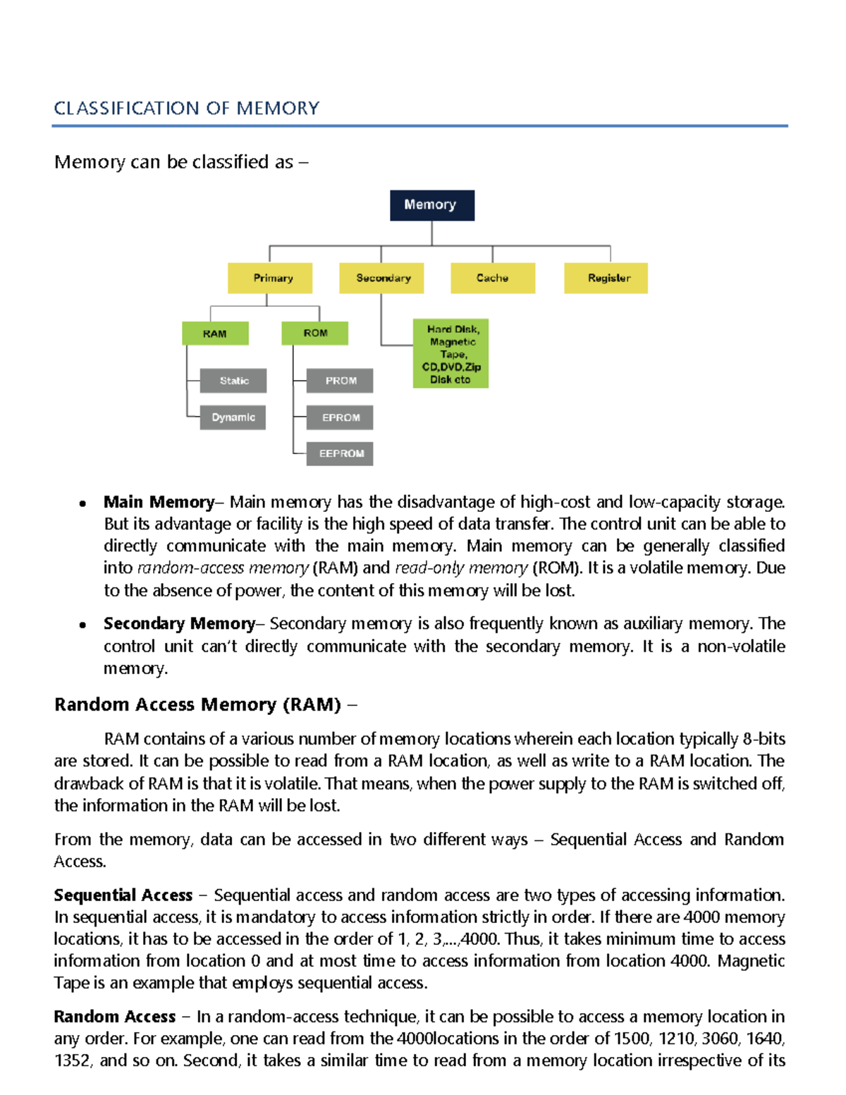 Classification of Memory - CLASSIFICATION OF MEMORY Memory can be classified as – Main Memory ...