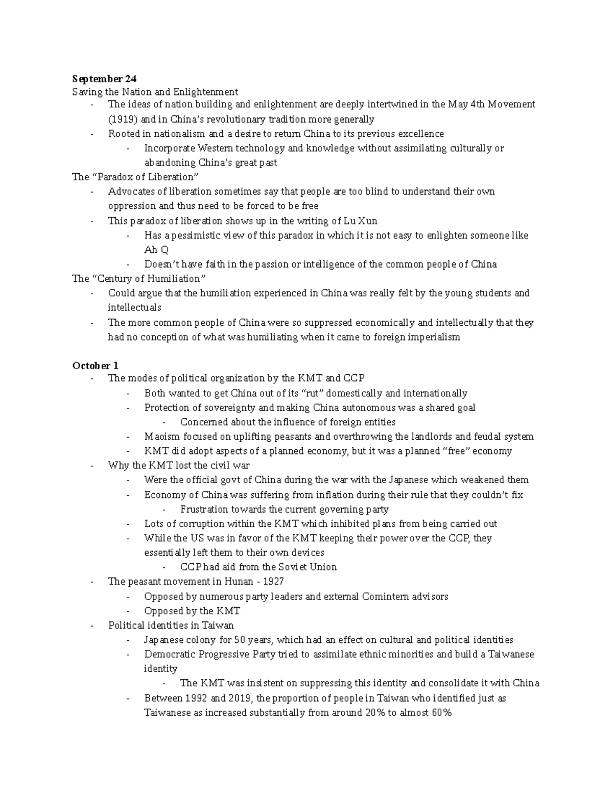 Rise of China Section Notes - September 24 Saving the Nation and ...