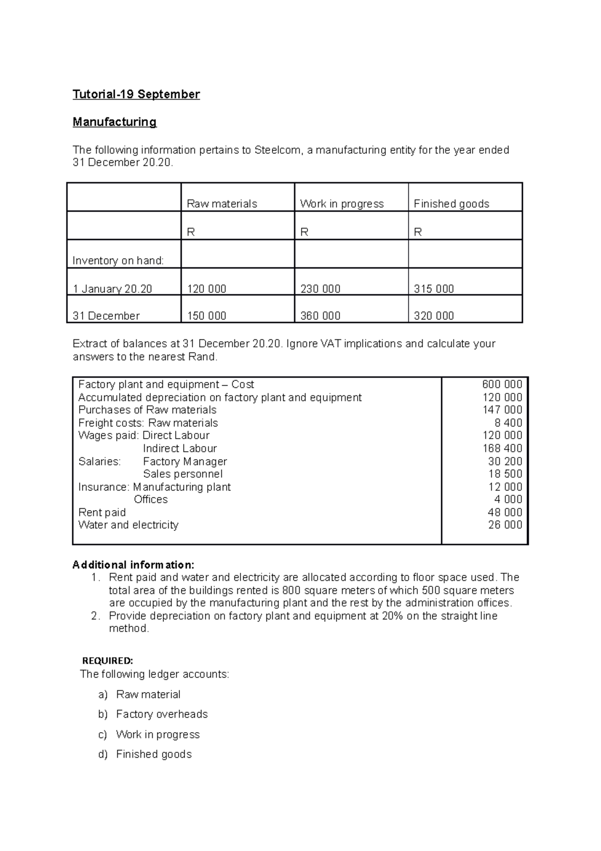 Tutorial 19 September - Tutorial-19 September Manufacturing The following information pertains ...