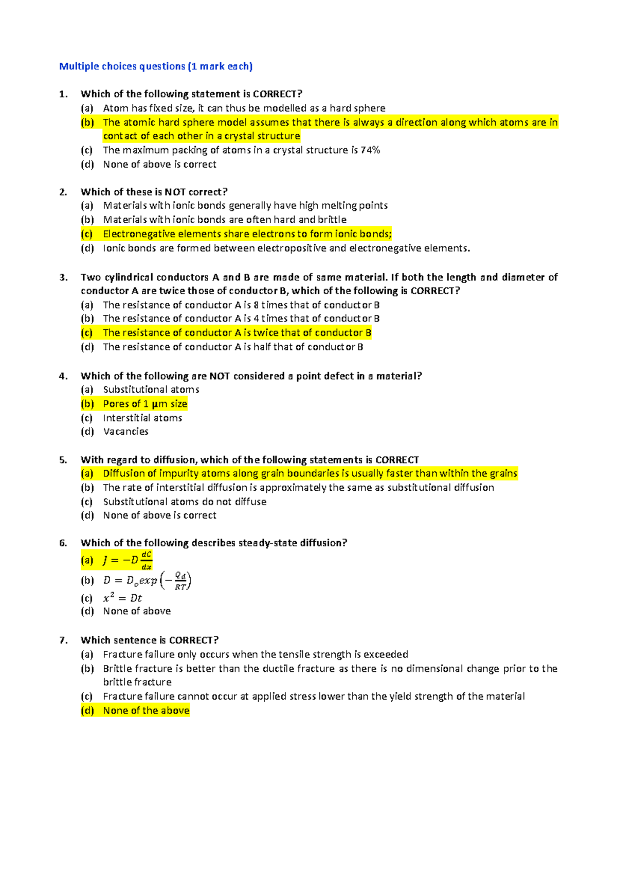 Exam 2014, Questions and answers - 2. Semester - Multiple choices questions (1 mark each) Which ...