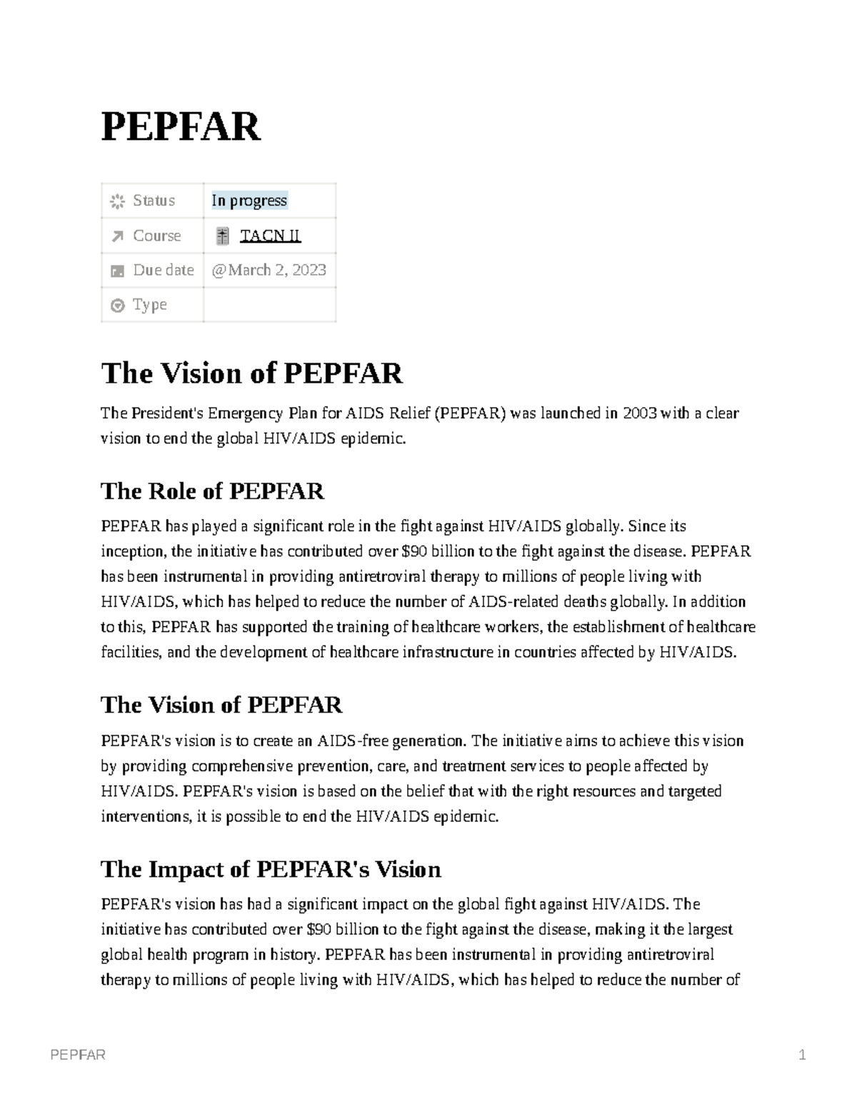 Pepfar - PEPFAR 1 PEPFAR Status In progress Course TACN II Due date ...