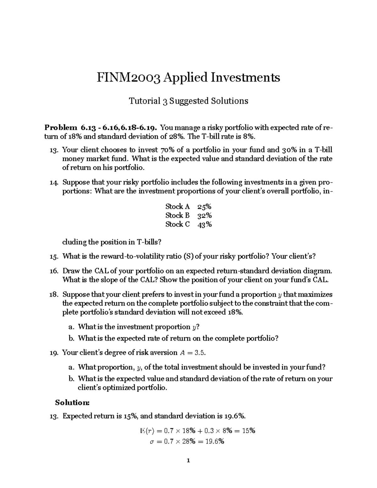 Tutorial 3 sol - FINM2003 Applied Investments Tutorial 3 Suggested ...