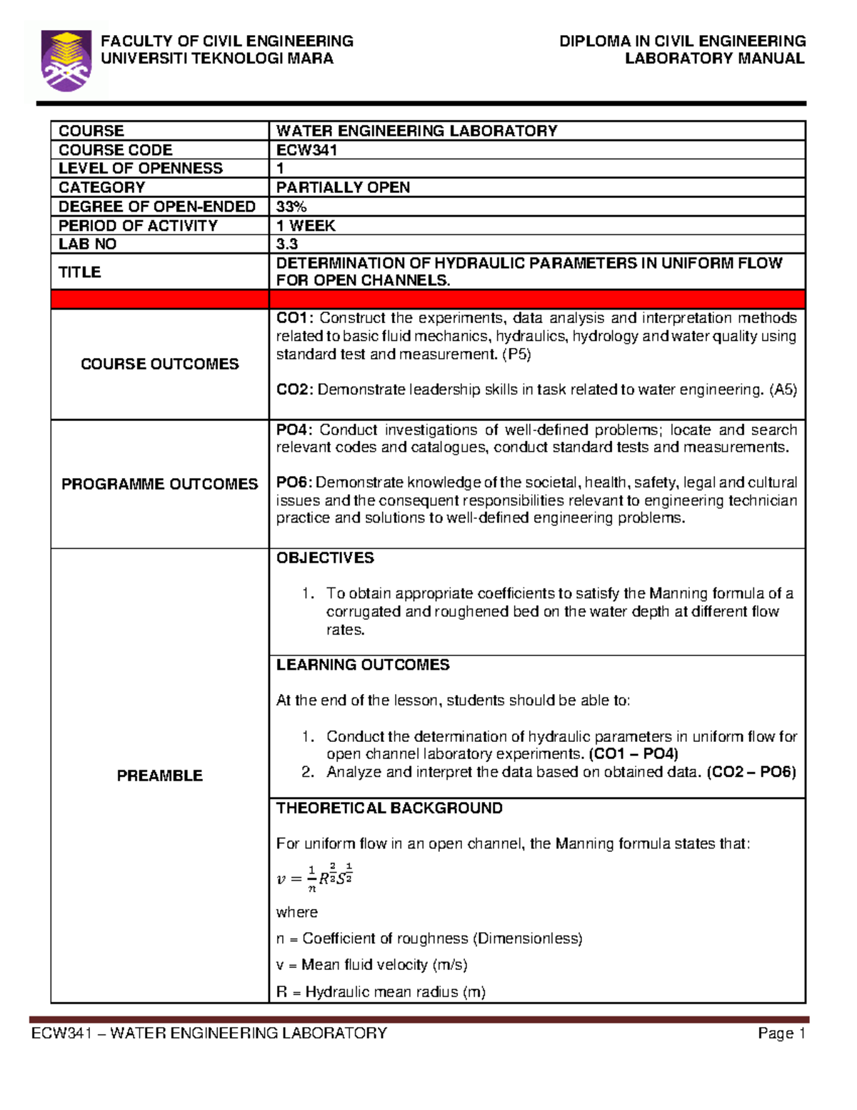 Open channel - lab manual - UNIVERSITI TEKNOLOGI MARA LABORATORY MANUAL ...