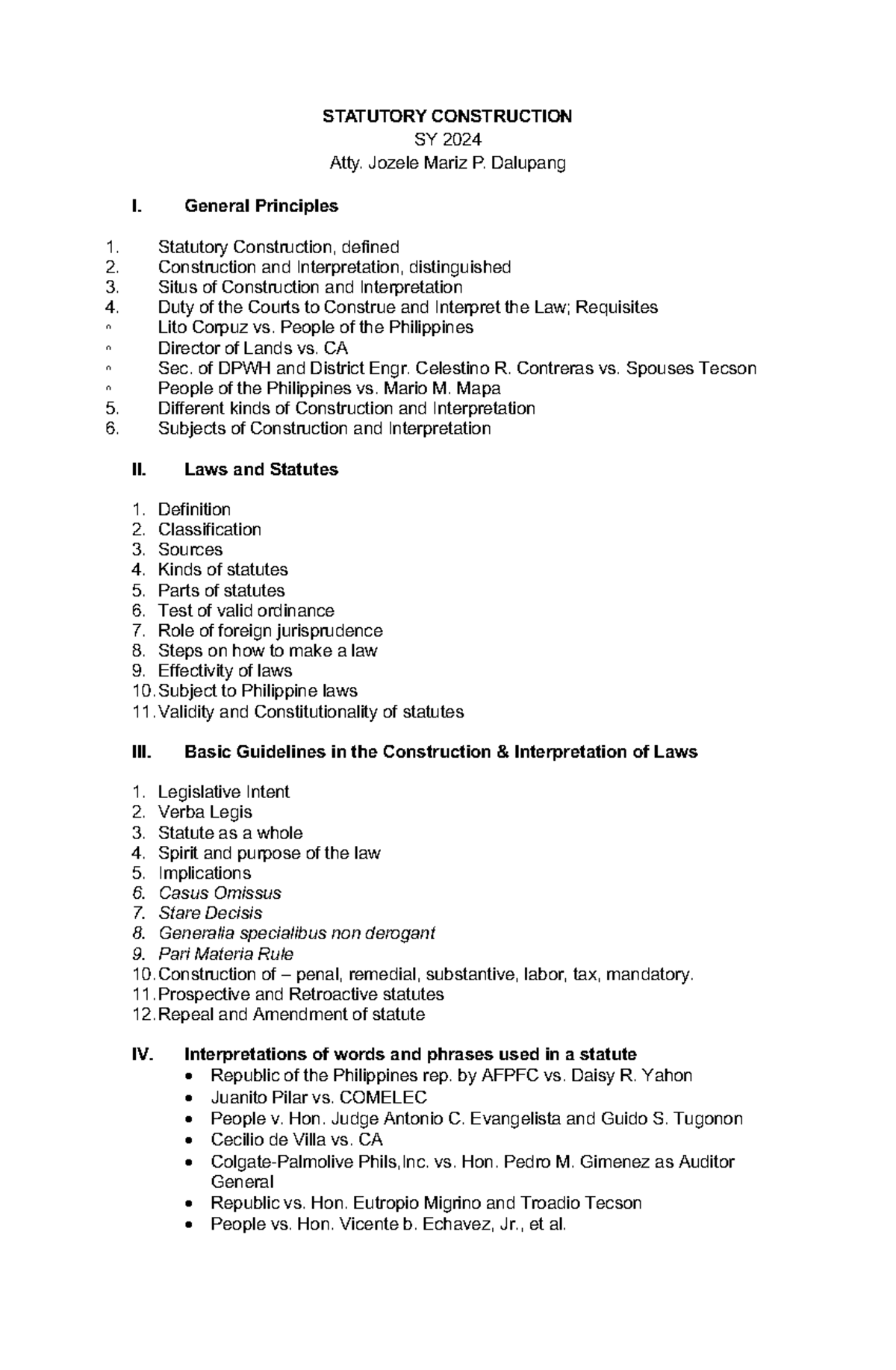 Statutory- Construction- Syllabus - STATUTORY CONSTRUCTION SY 2024 Atty ...