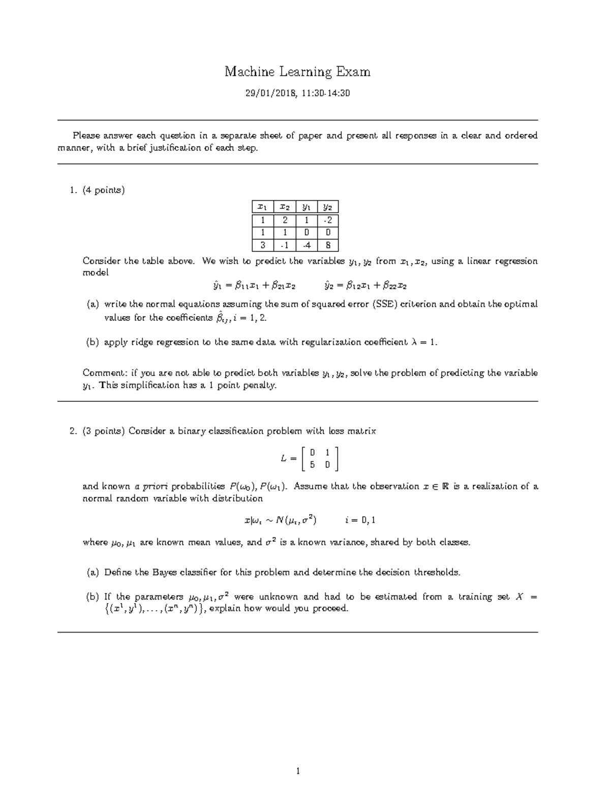 2nd Exam Question Paper - Machine Learning Exam 29/01/2018, 11:30-14 ...