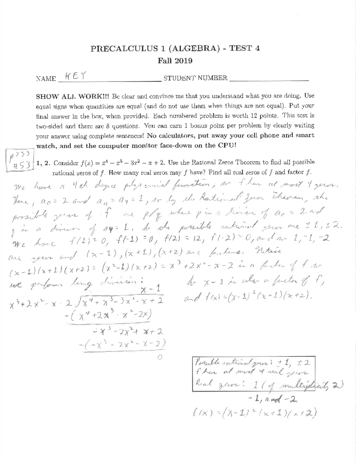 Test 4.1 Precalculus - PRECALCULUS 1 (ALGEBRA) TEST 4 Fall 2019 NAME ...