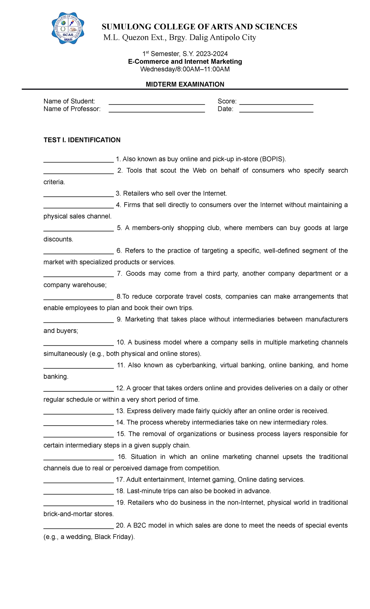 Midterm Exam - ECOM - SUMULONG COLLEGE OF ARTS AND SCIENCES M. Quezon ...