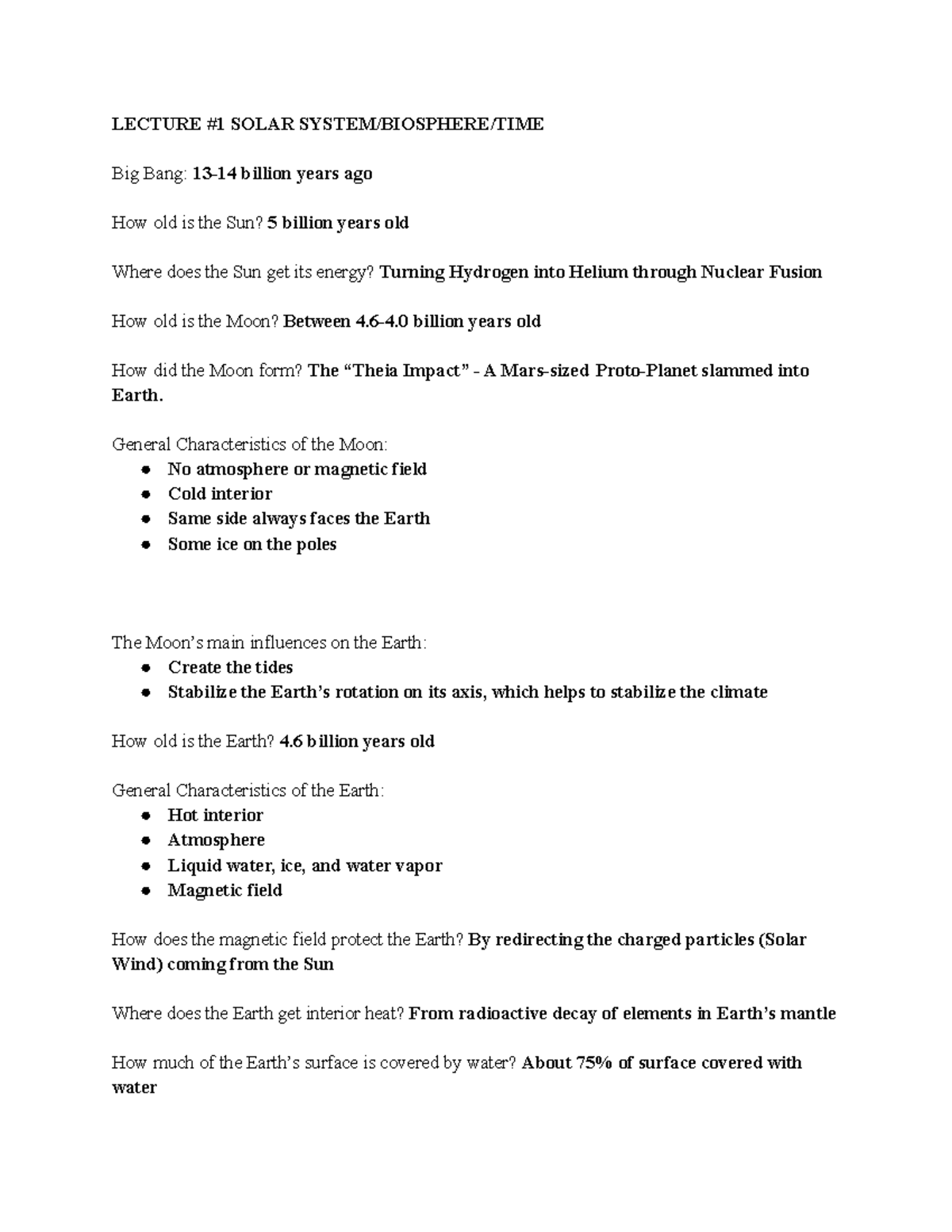 Bio 1102 Study Guide 1 - LECTURE #1 SOLAR SYSTEM/BIOSPHERE/TIME Big ...