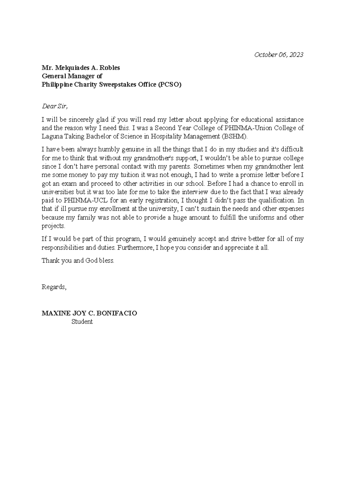 Application Letter 123 - October 06, 2023 Mr. Melquiades A. Robles ...