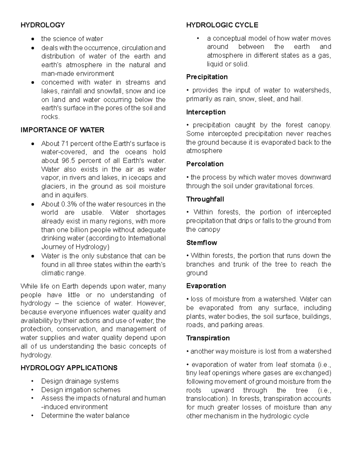 Hydrology - NOTES - HYDROLOGY the science of water deals with the ...