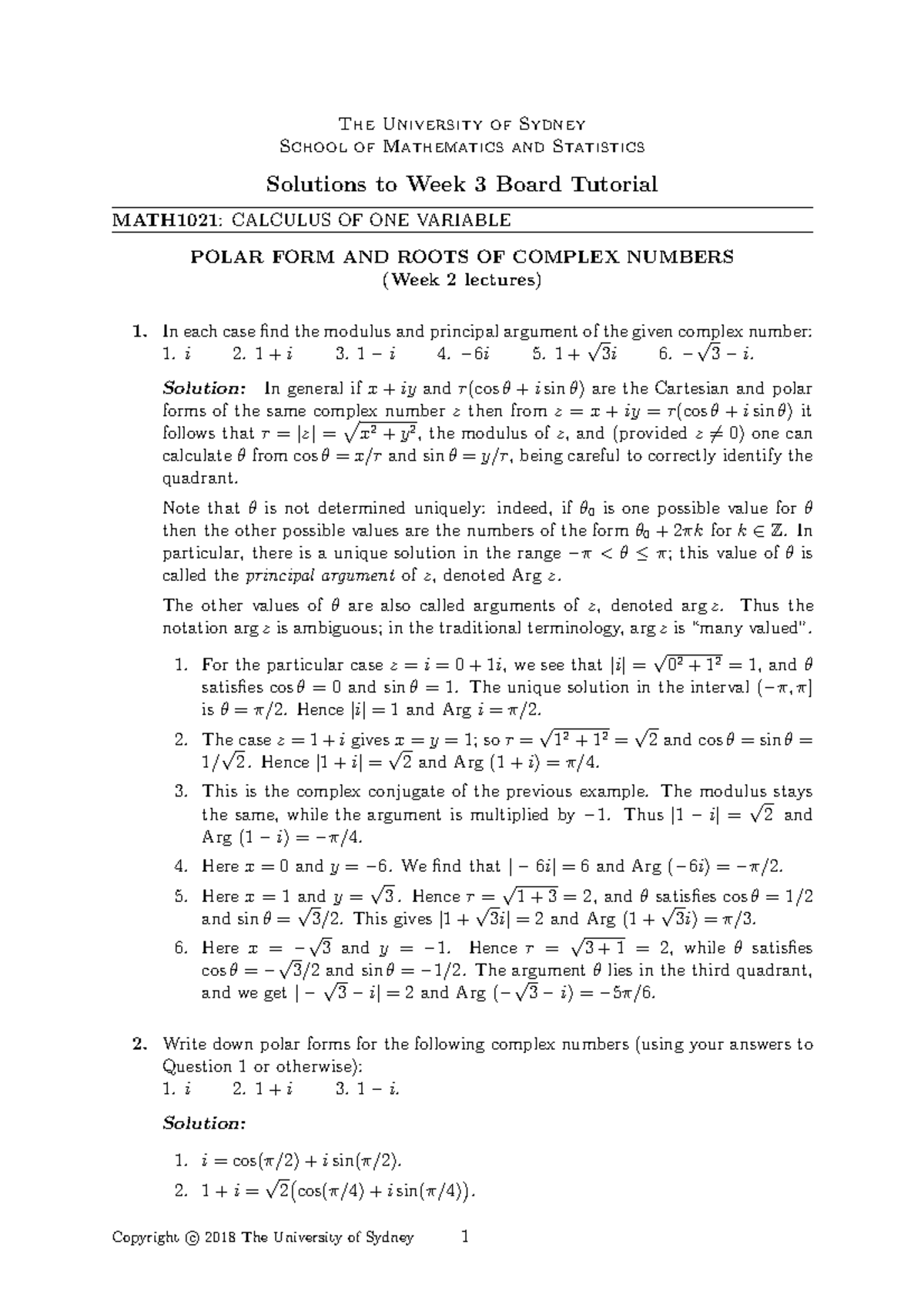 Tutorial Week 3-Solutions - The University of Sydney School of ...