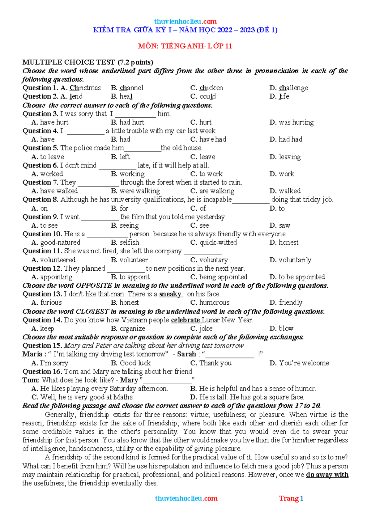 Thuvienhoclieu.com-De-thi-giua-HK1- Tieng-ANH-11-nam-2022-2023-De-1 - KIỂM TRA GIỮA KỲ I – NĂM ...