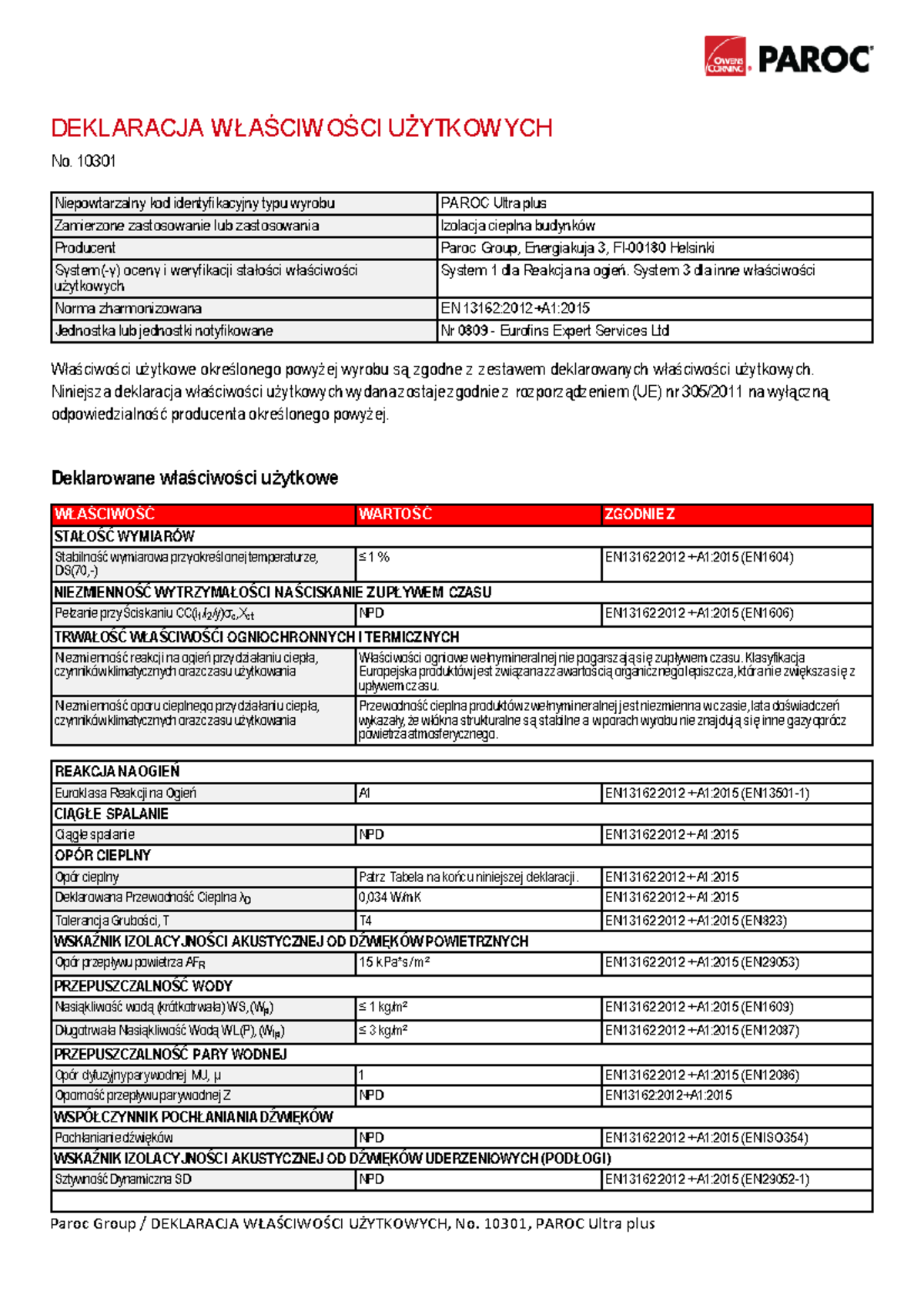 Do P 10301 Paroc Ultra plus pl PL - Paroc Group / DEKLARACJA ...
