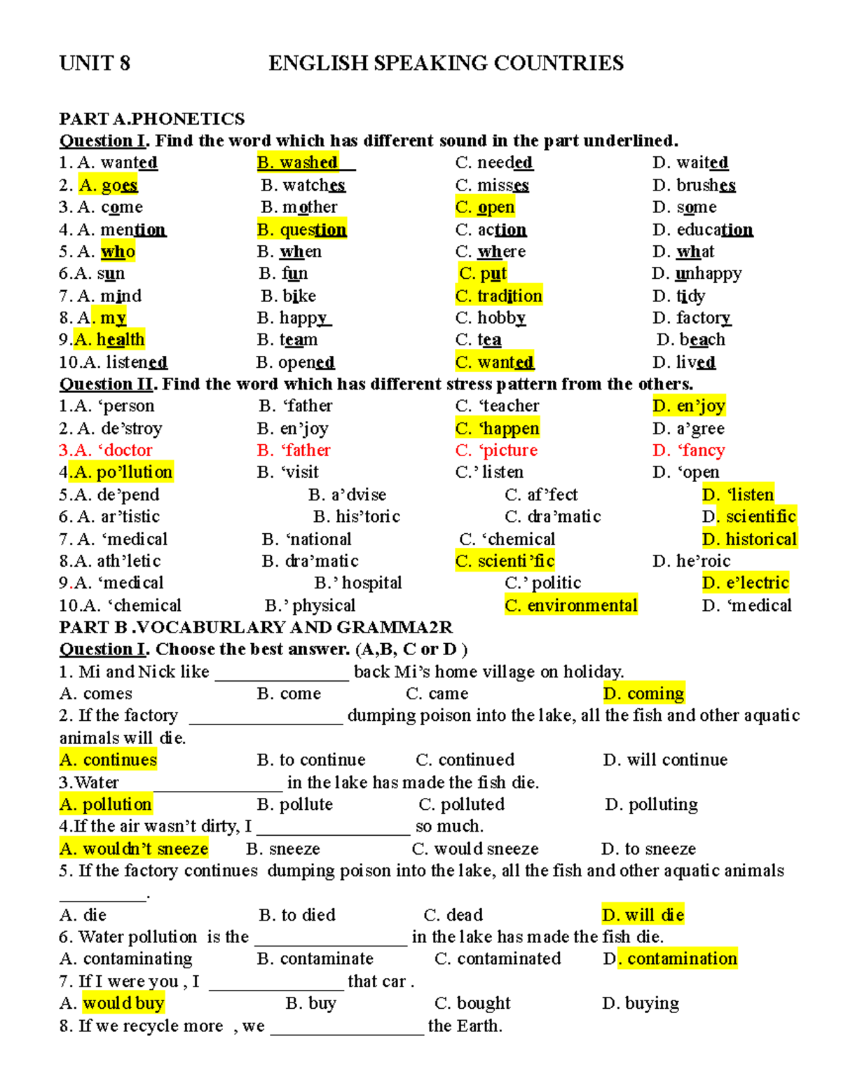 Homework 8A1 U8 - UNIT 8 ENGLISH SPEAKING COUNTRIES PART A Question I ...