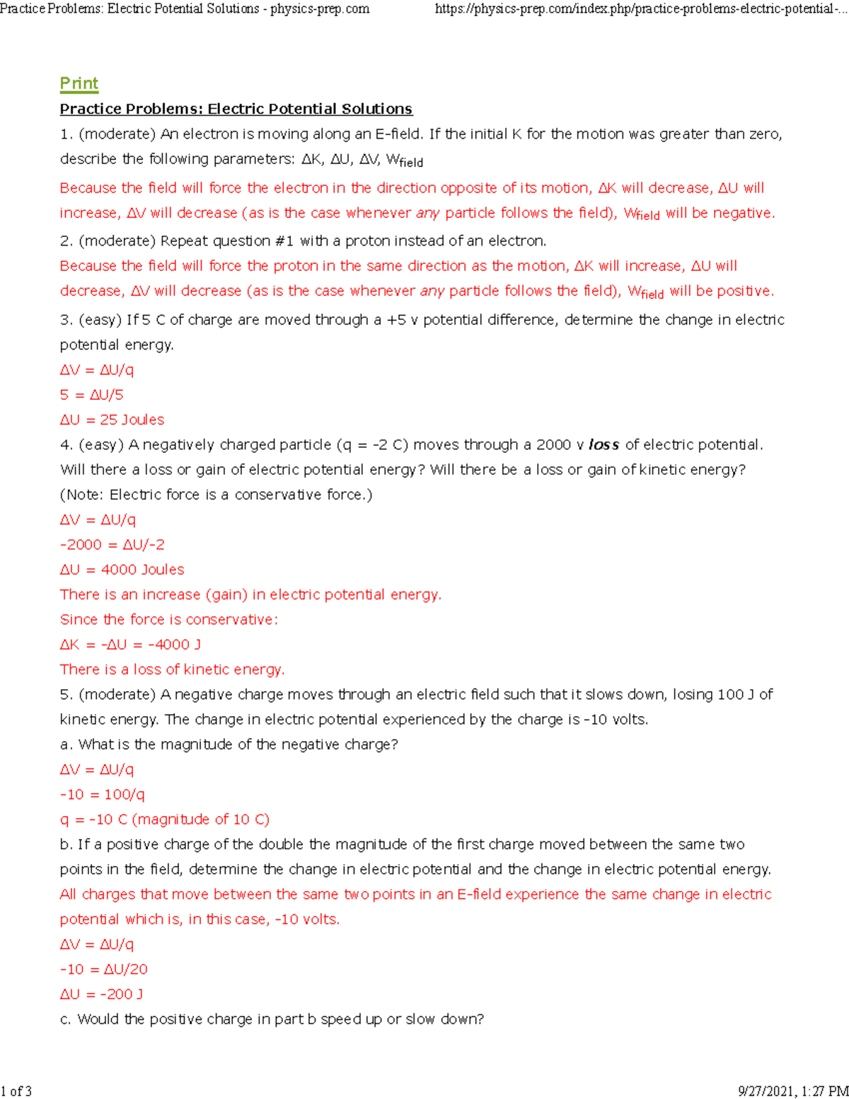 Practice Problems Electric Potential Solutions - physics-prep - Print ...