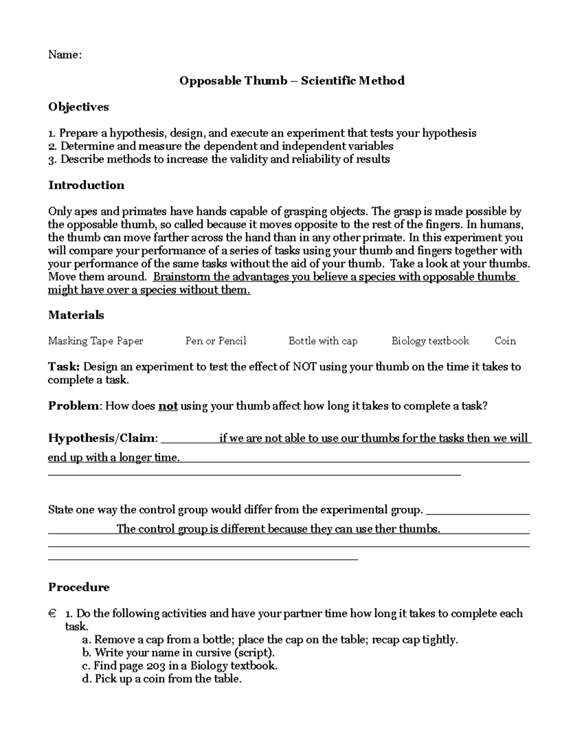 Opposable Thumb Scientific Method Lab - Name: Opposable Thumb ...