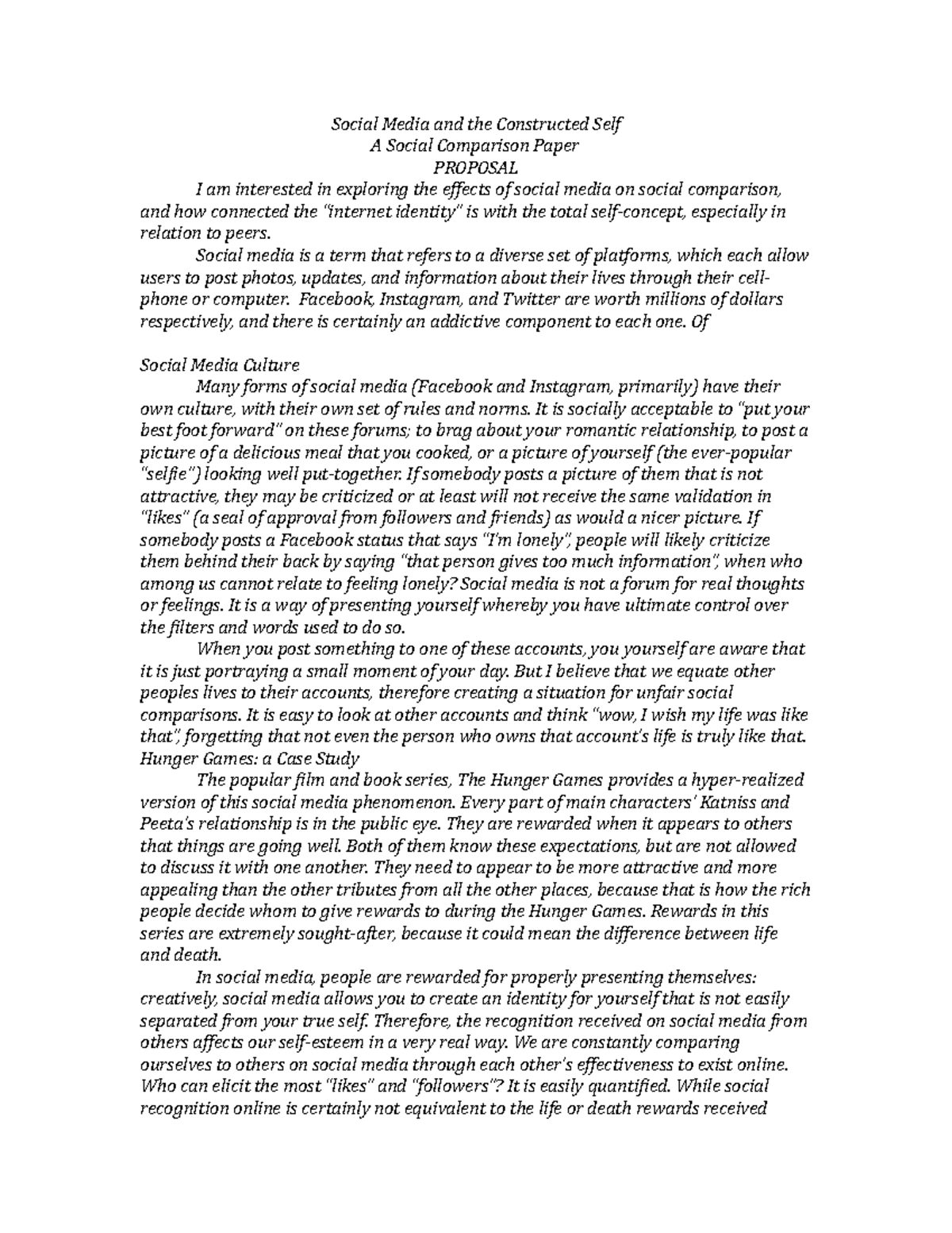 Example paperproposal social - Social Media and the Constructed Self A ...