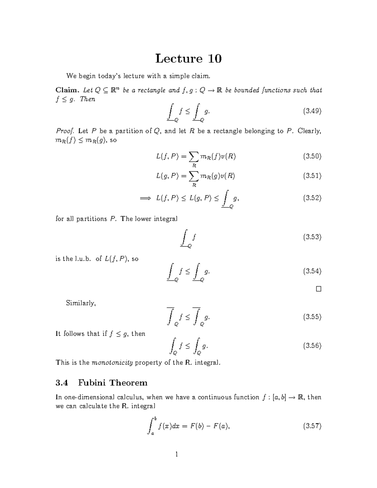 Fubini Theorem, Properties of Reimann Integrals - Lecture 10 We begin ...