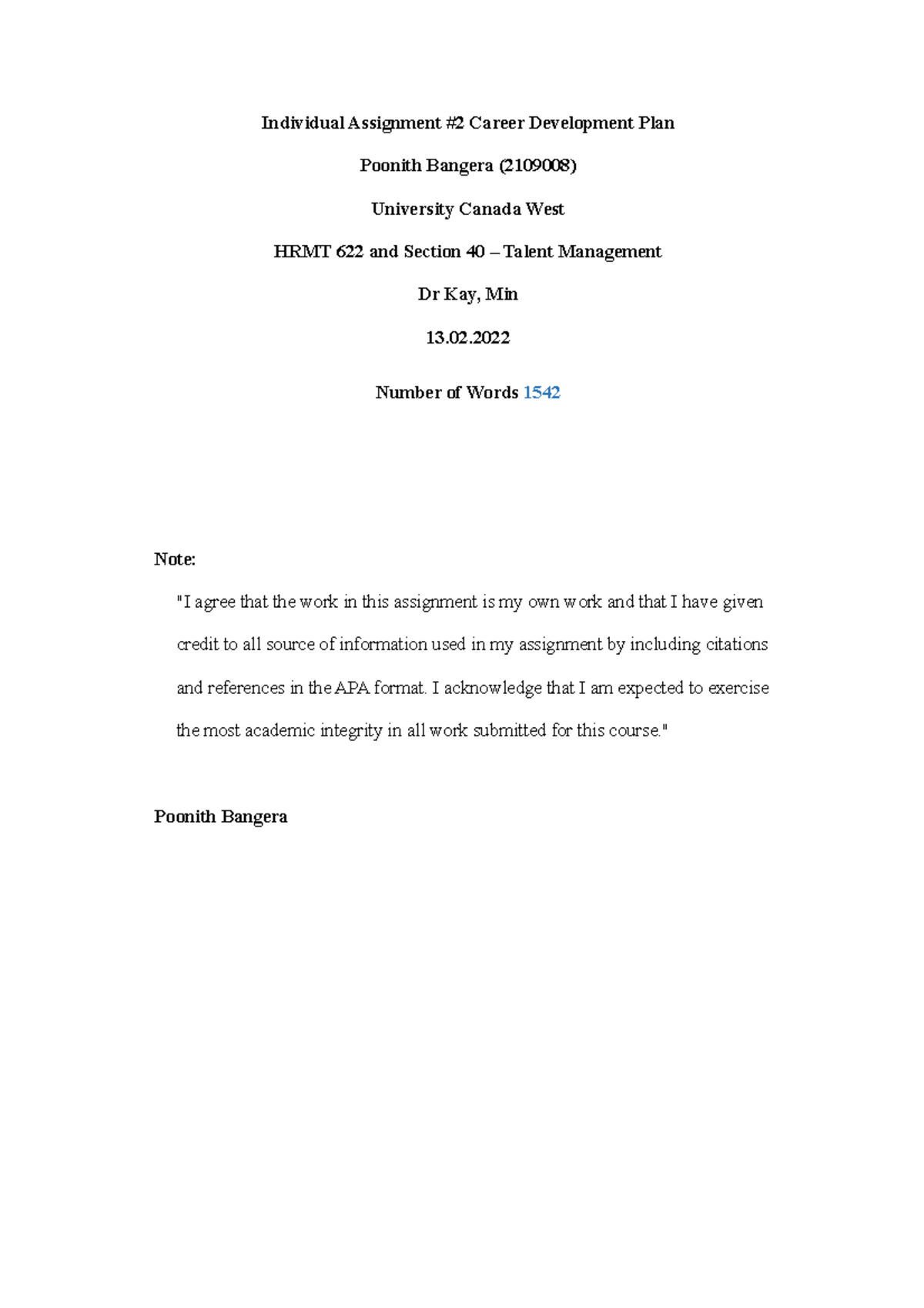 Career Development Planning - HRMT - Individual Assignment #2 Career ...