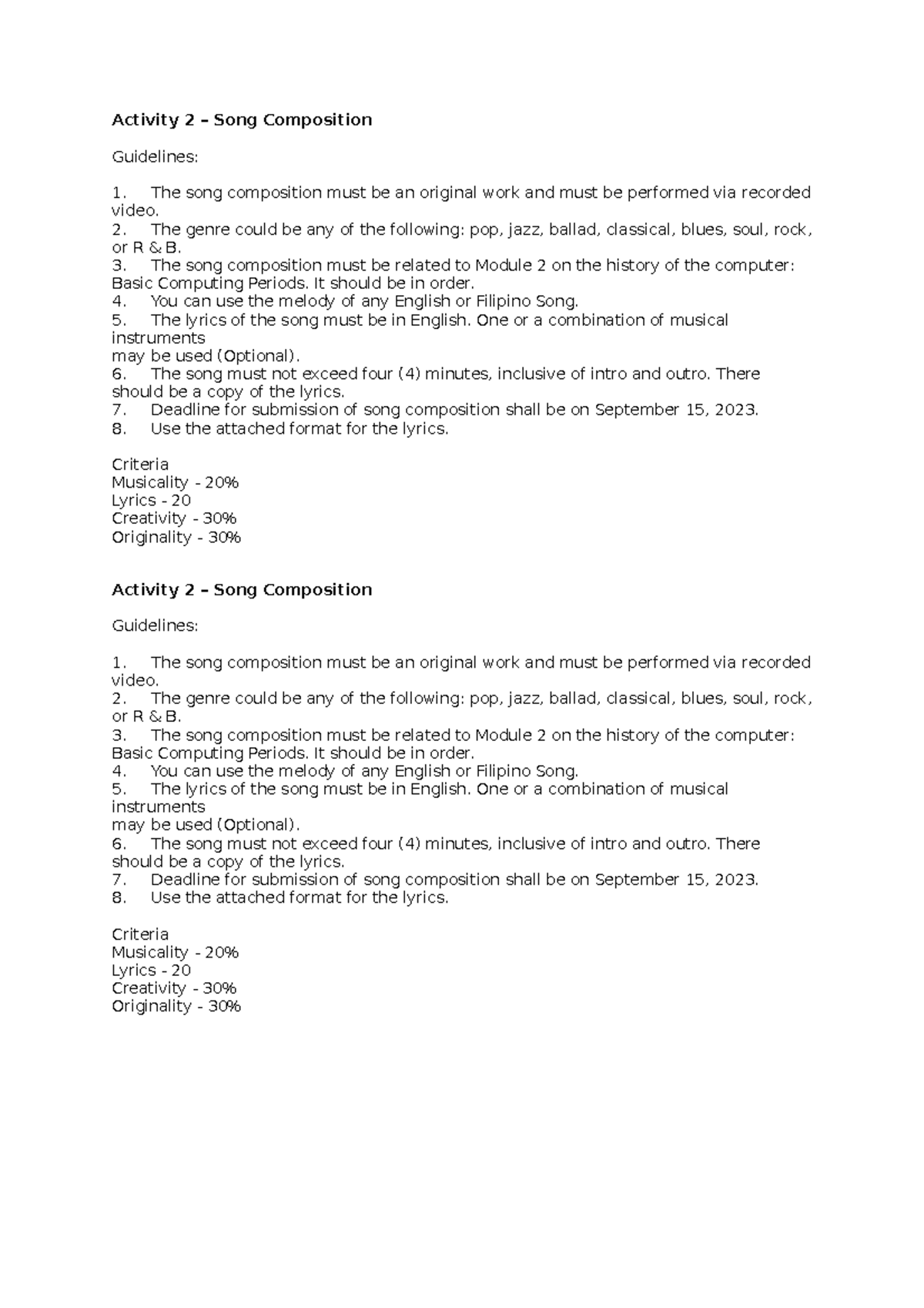 Activity 2- song - none - Activity 2 – Song Composition Guidelines: The ...