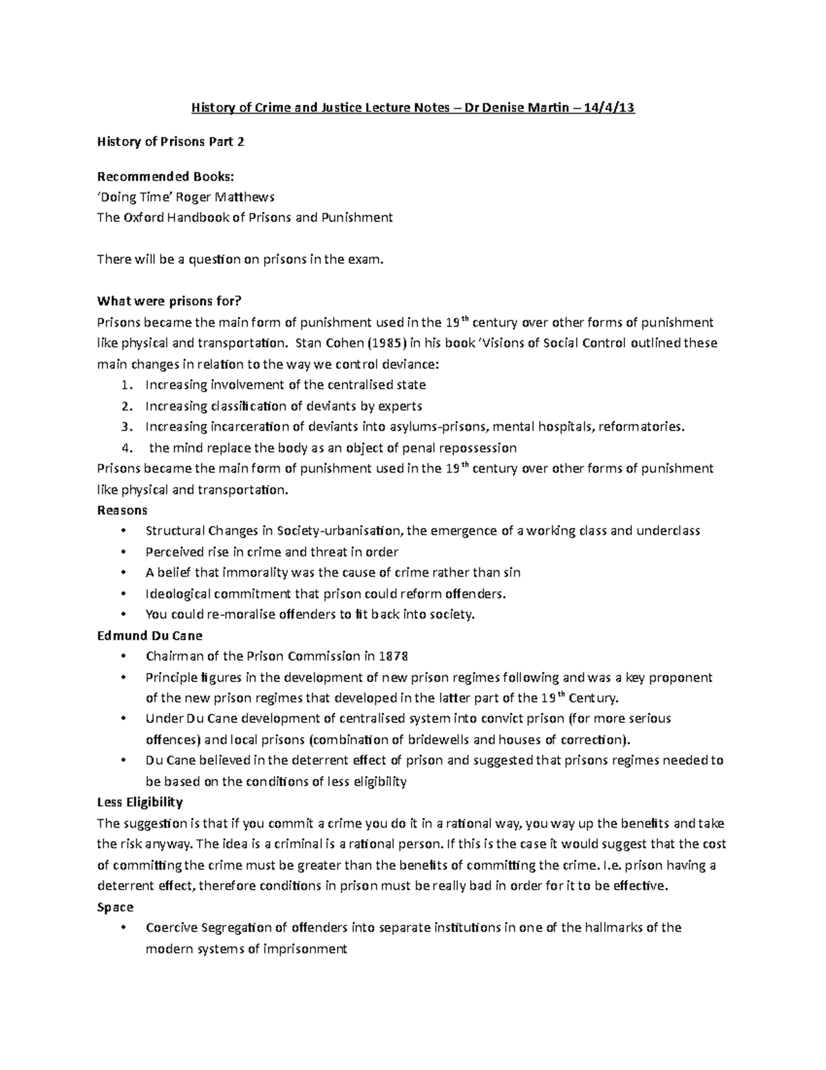 History of Crime and Justice Lecture Notes 14-4-14 - History of Crime ...