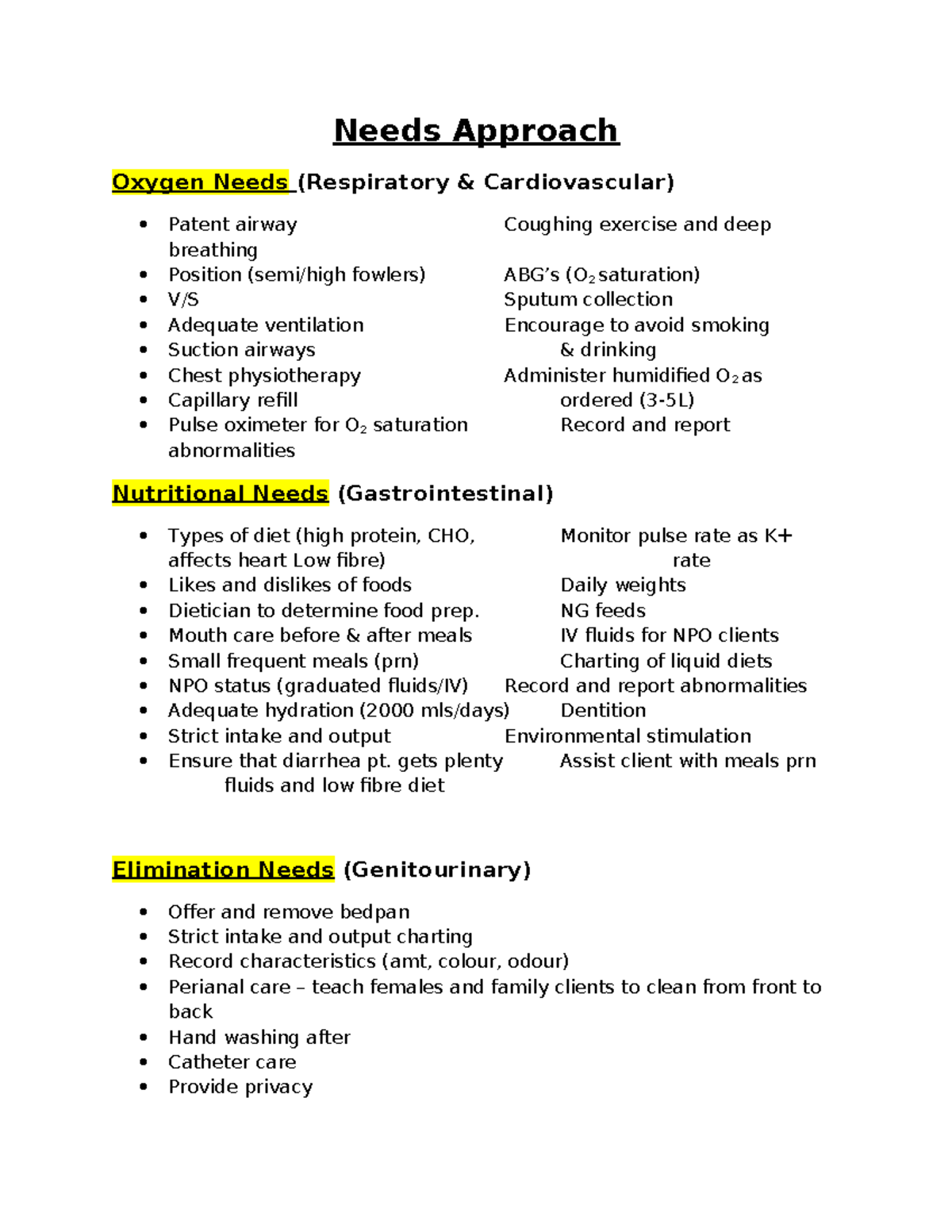 Needs Approach - Online class - Needs Approach Oxygen Needs ...