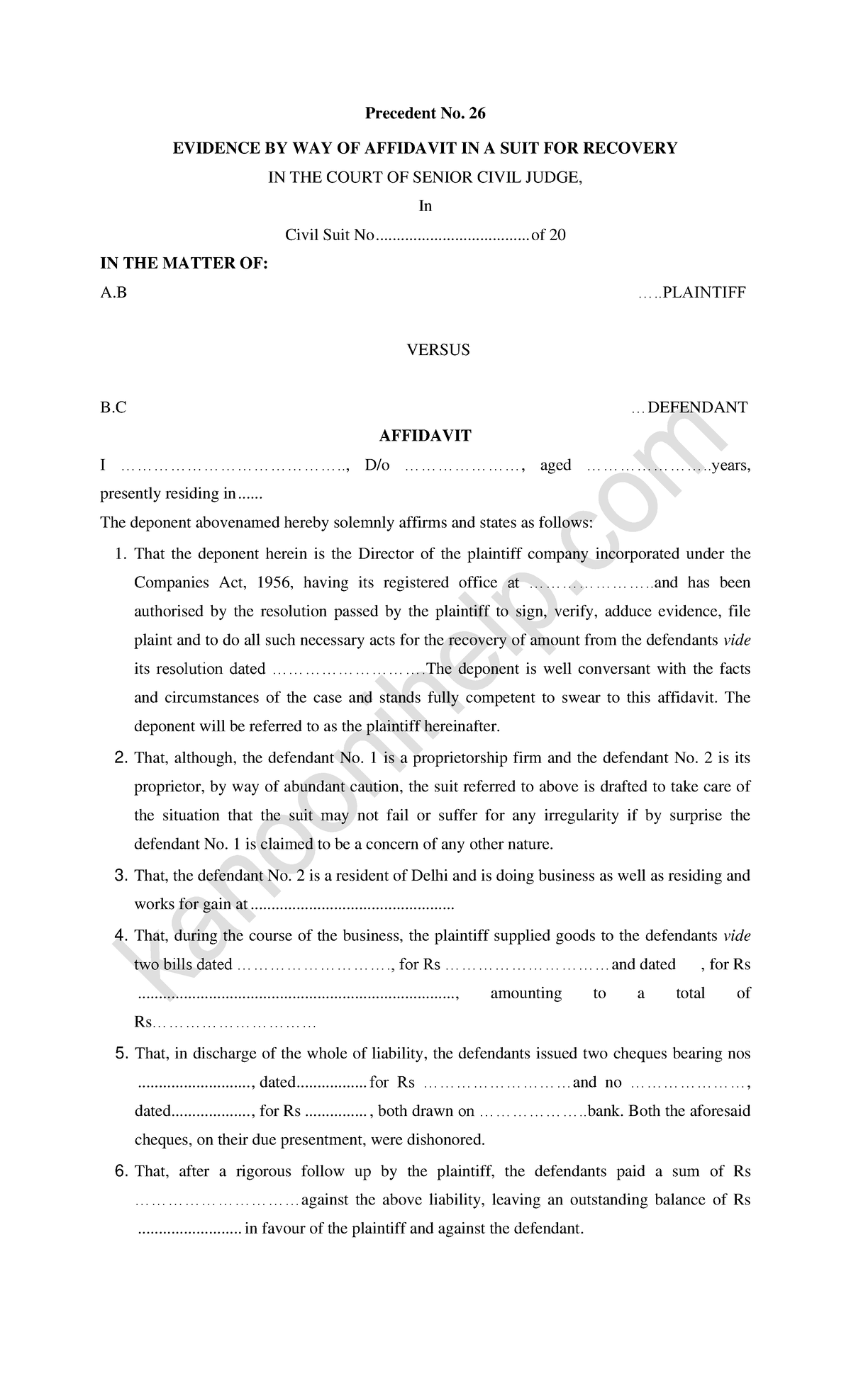 Evidence BY WAY OF Affidavit IN A SUIT FOR Recovery - Precedent No. 26 ...