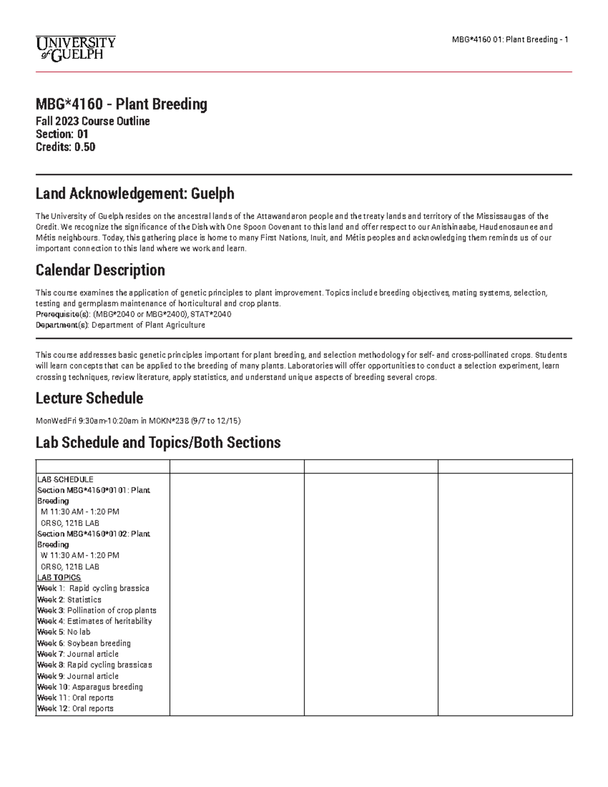 Course Outline MBG4160 F23 - MBG*4160 - Plant Breeding Fall 2023 Course ...