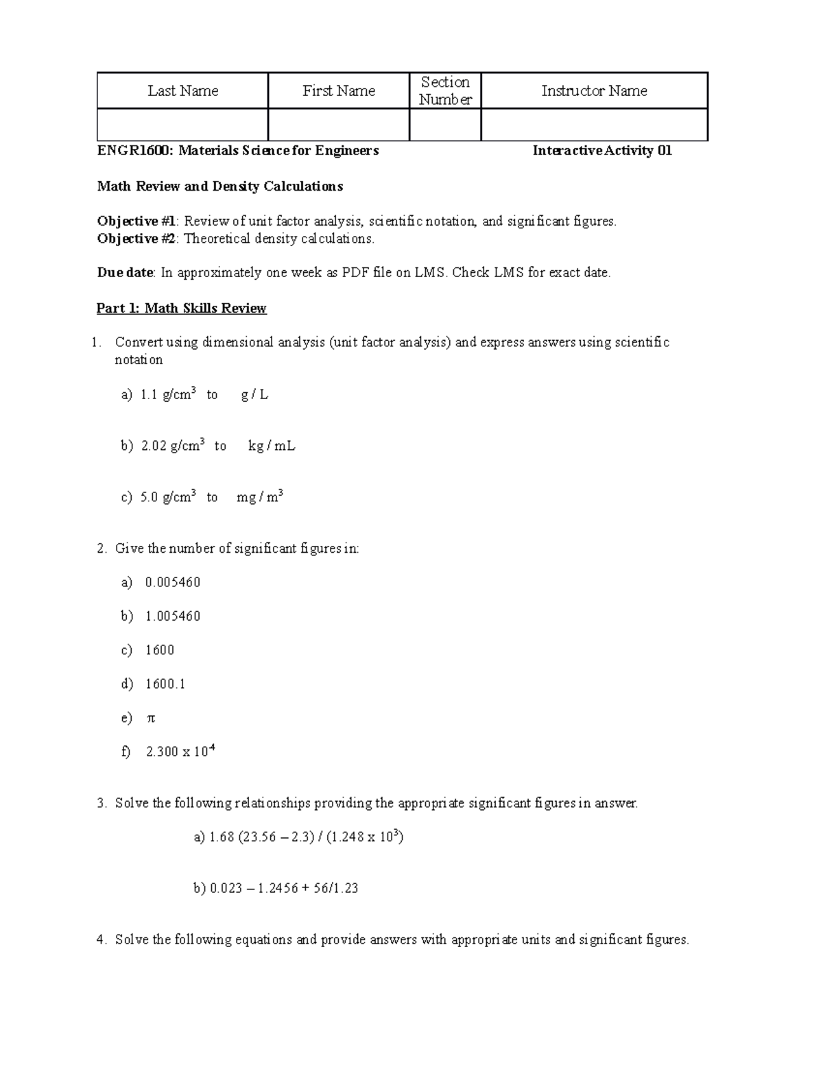 A01 Math Review and Metal Density Calculations F2020 - Last Name First Name NumberSection ...