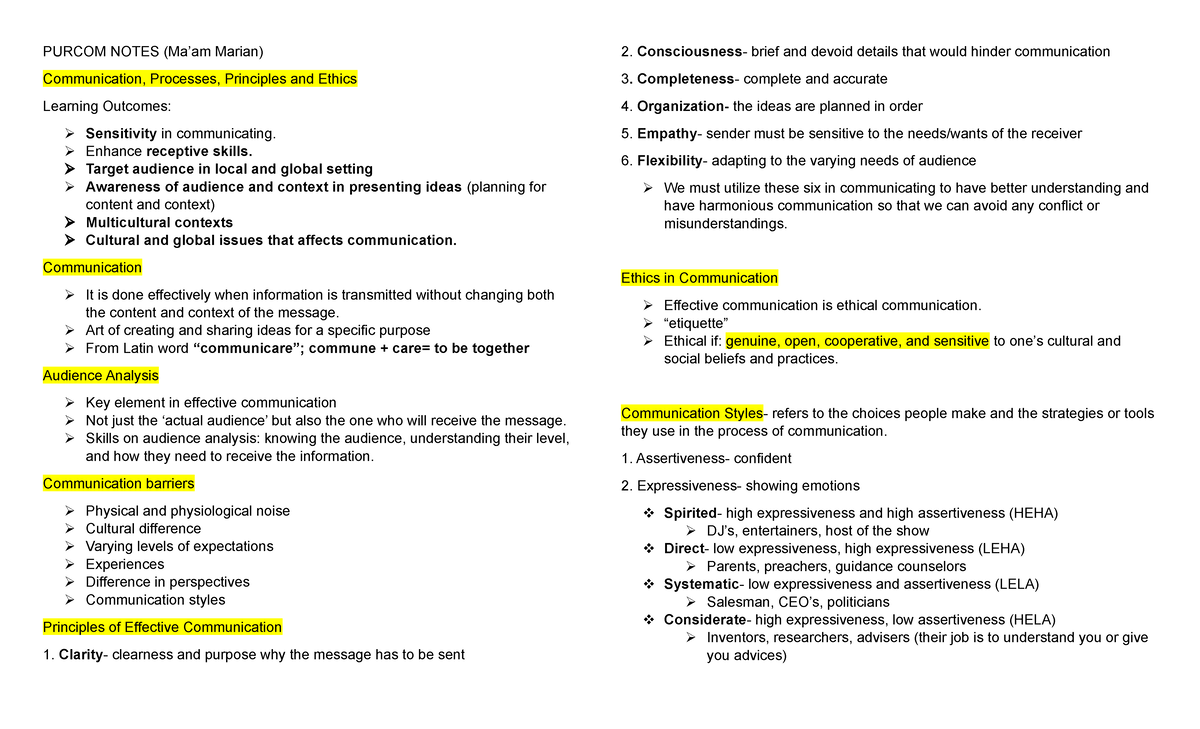 Purcom- Notes - PURCOM NOTES (Ma’am Marian) Communication, Processes ...