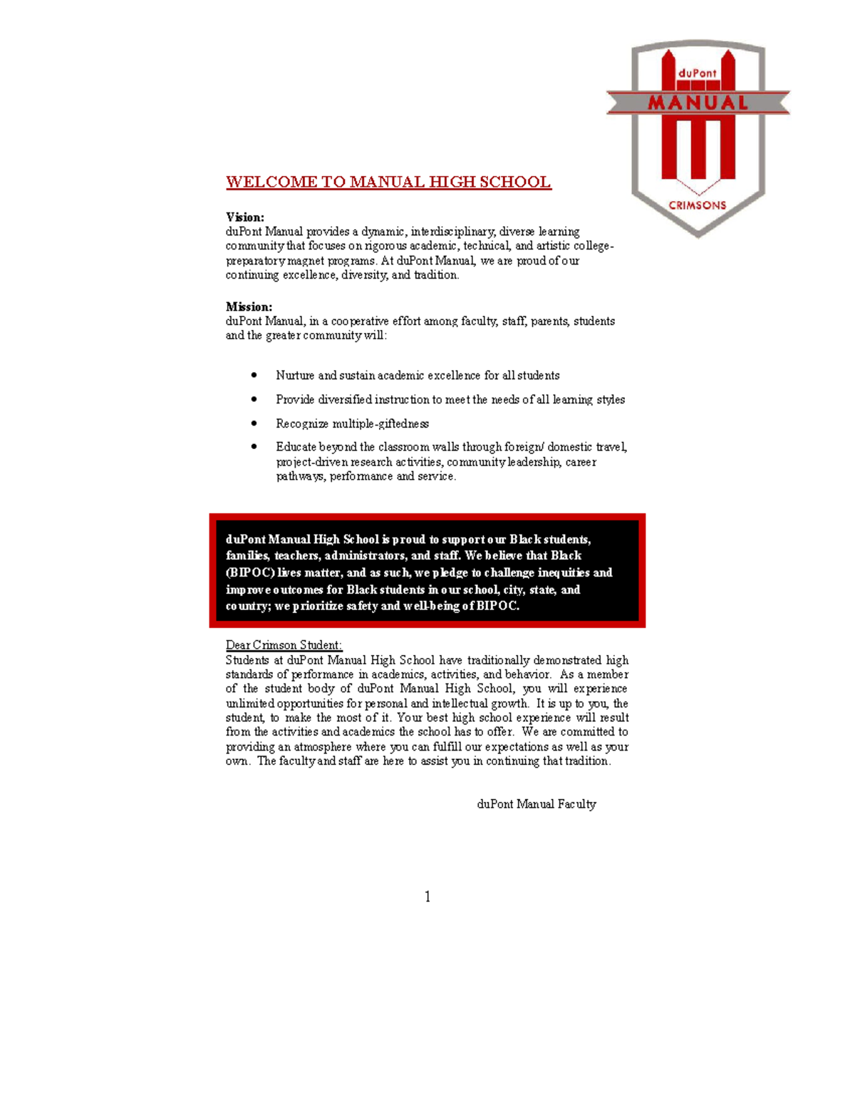 Studenthandbook - dddddddddd - WELCOME TO MANUAL HIGH SCHOOL Vision ...