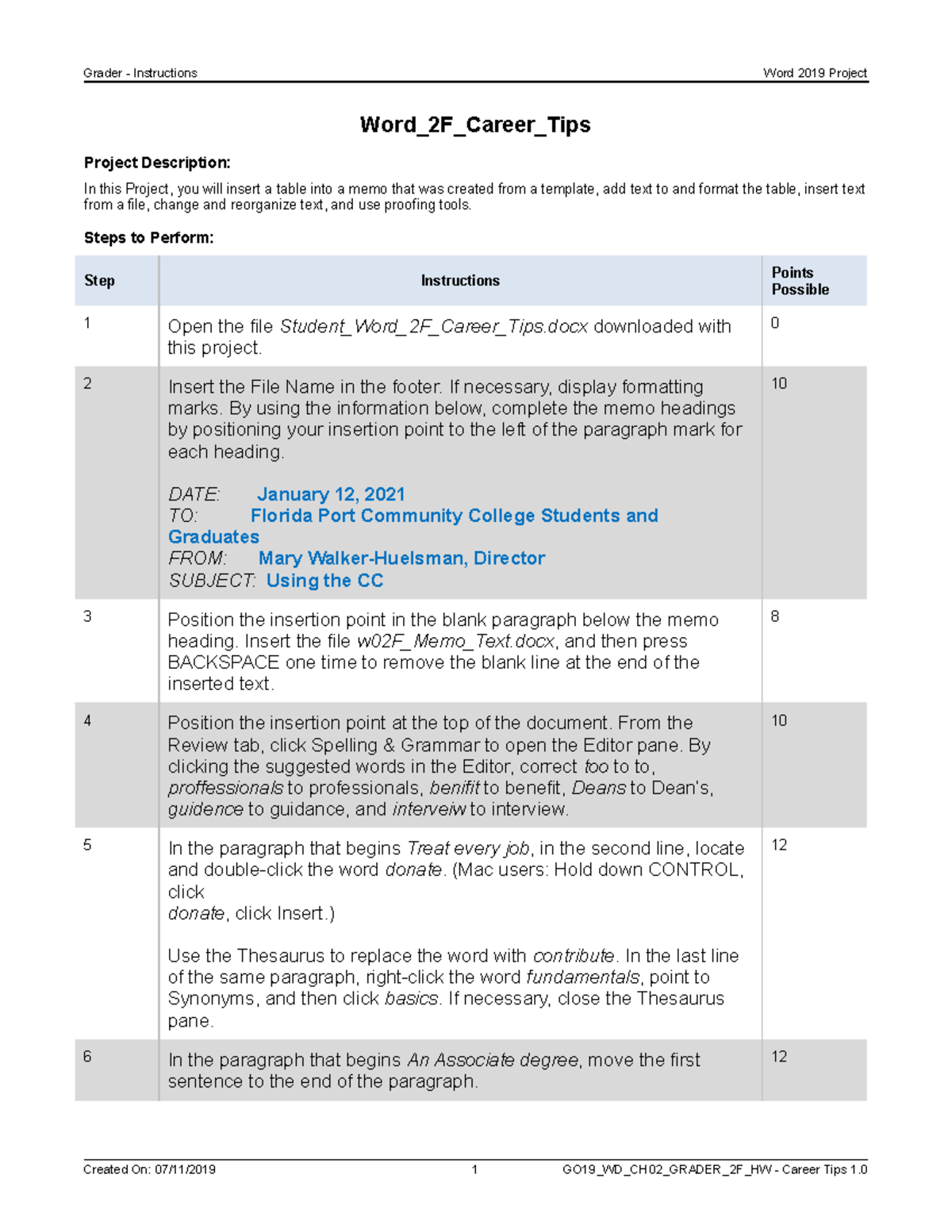Word 2F Career Tips Instructions - Grader - Instructions Word 2019 ...