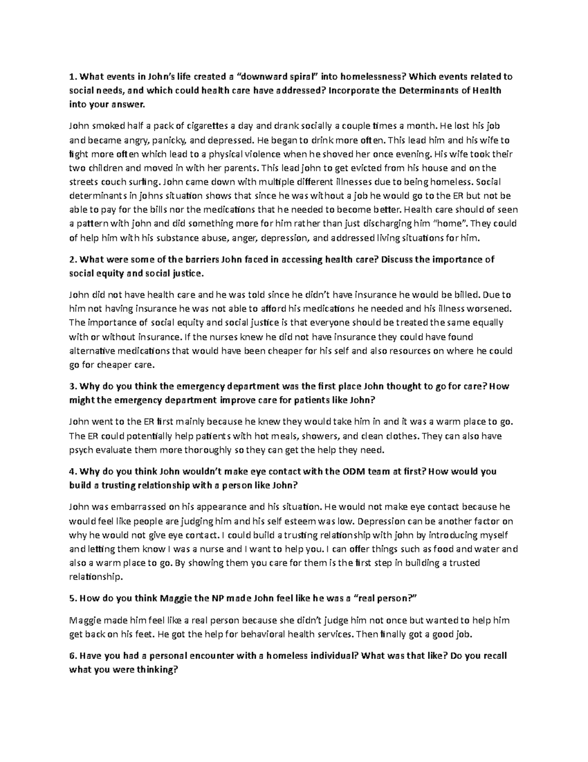 Homeless case study - What events in John’s life created a “downward ...