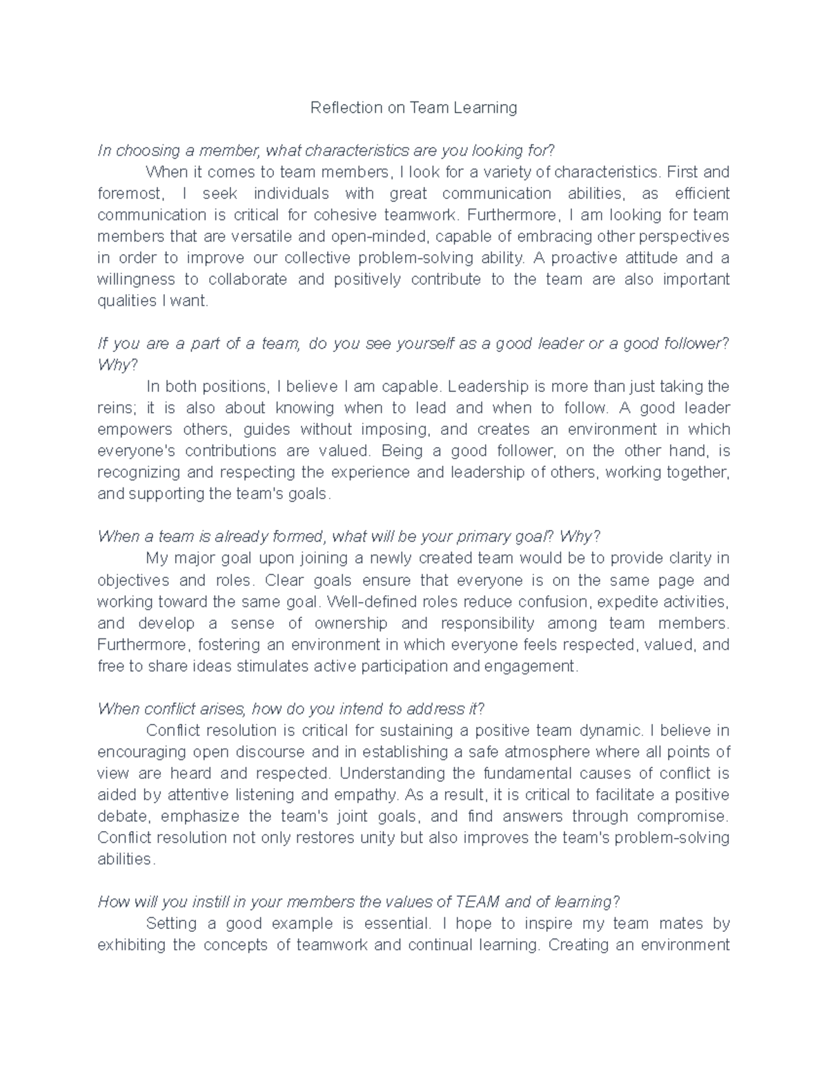 TEAM Learning - tae - Reflection on Team Learning In choosing a member ...