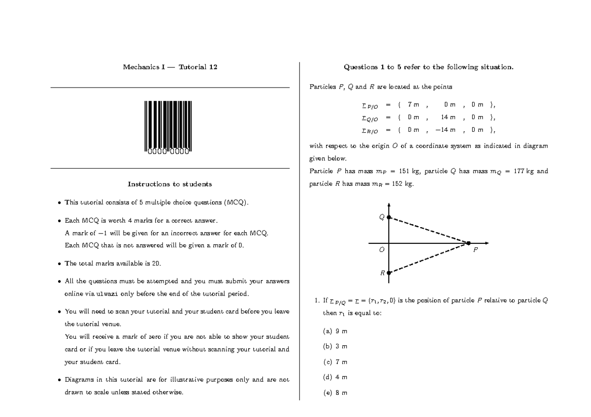 Tut12 sample - Mechanics I — Tutorial 12 0000 0000 Instructions to ...