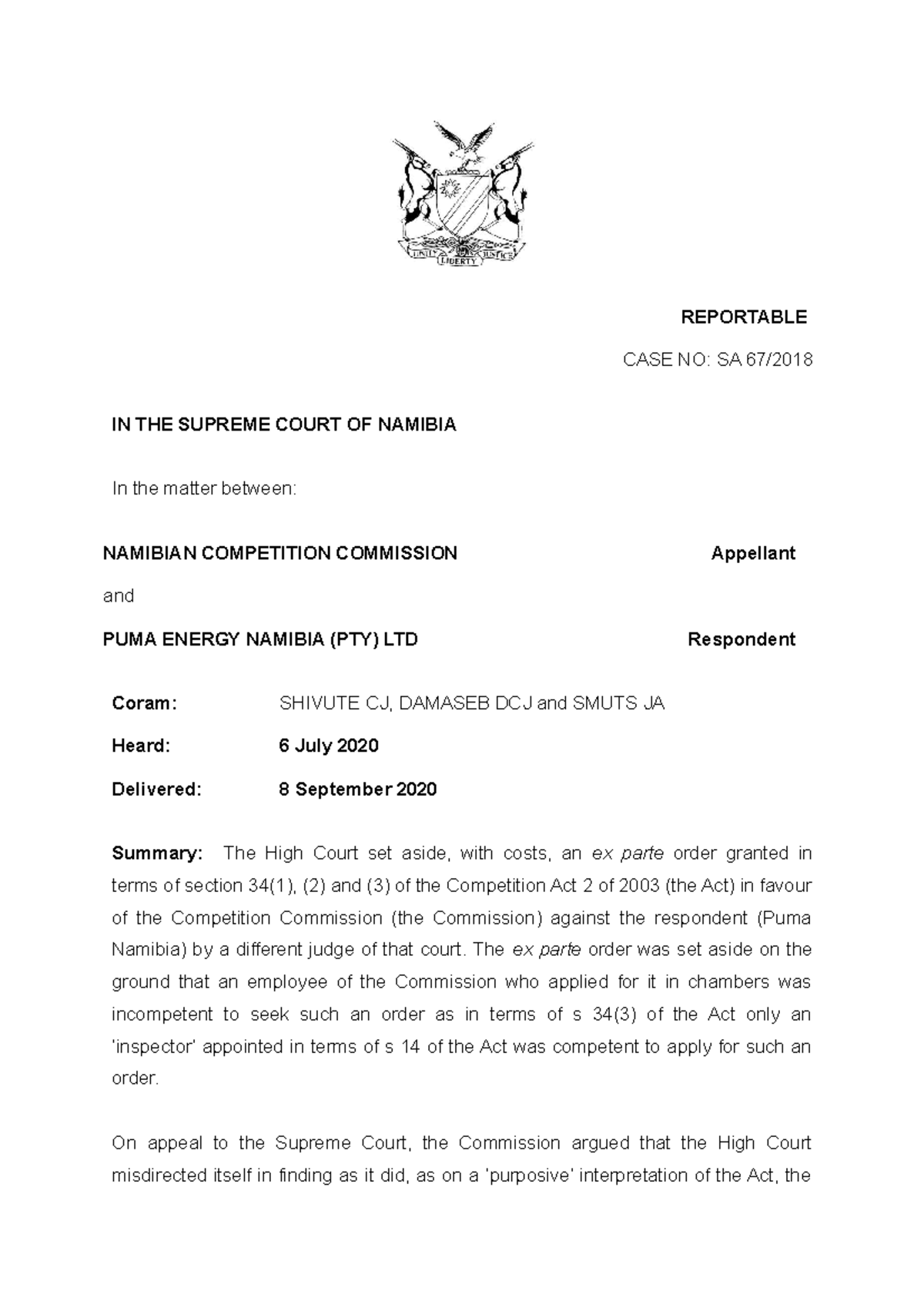 2020-nasc-33 - notes - REPORTABLE CASE NO: SA 67/ IN THE SUPREME COURT ...