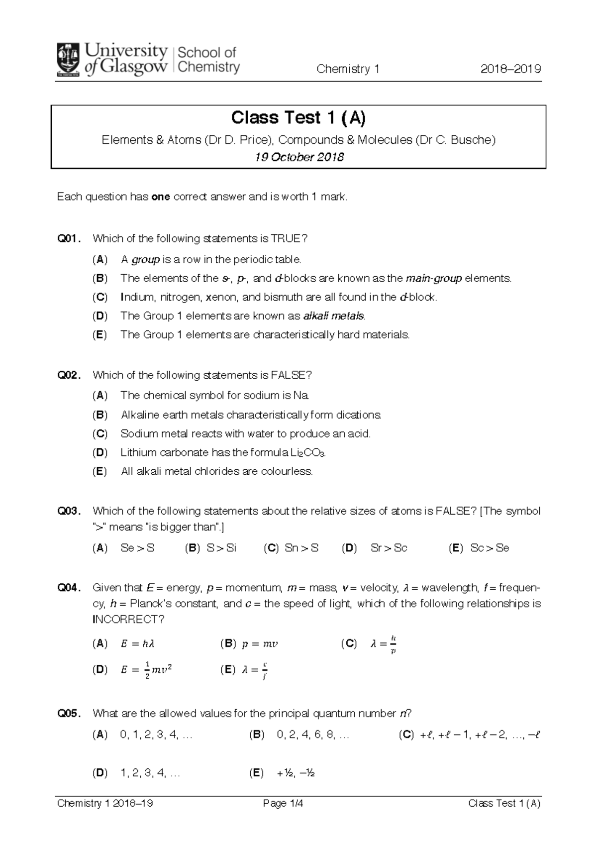 Chemistry Quiz 1 A - CHEM 1001 First Semester - Chemistry 1 201 8– 2019 ...