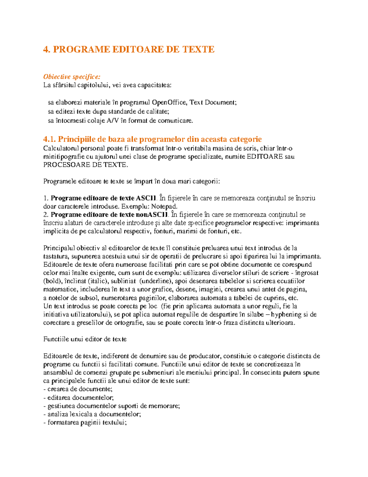 4 editor de texte - .... - 4. PROGRAME EDITOARE DE TEXTE Obiective ...