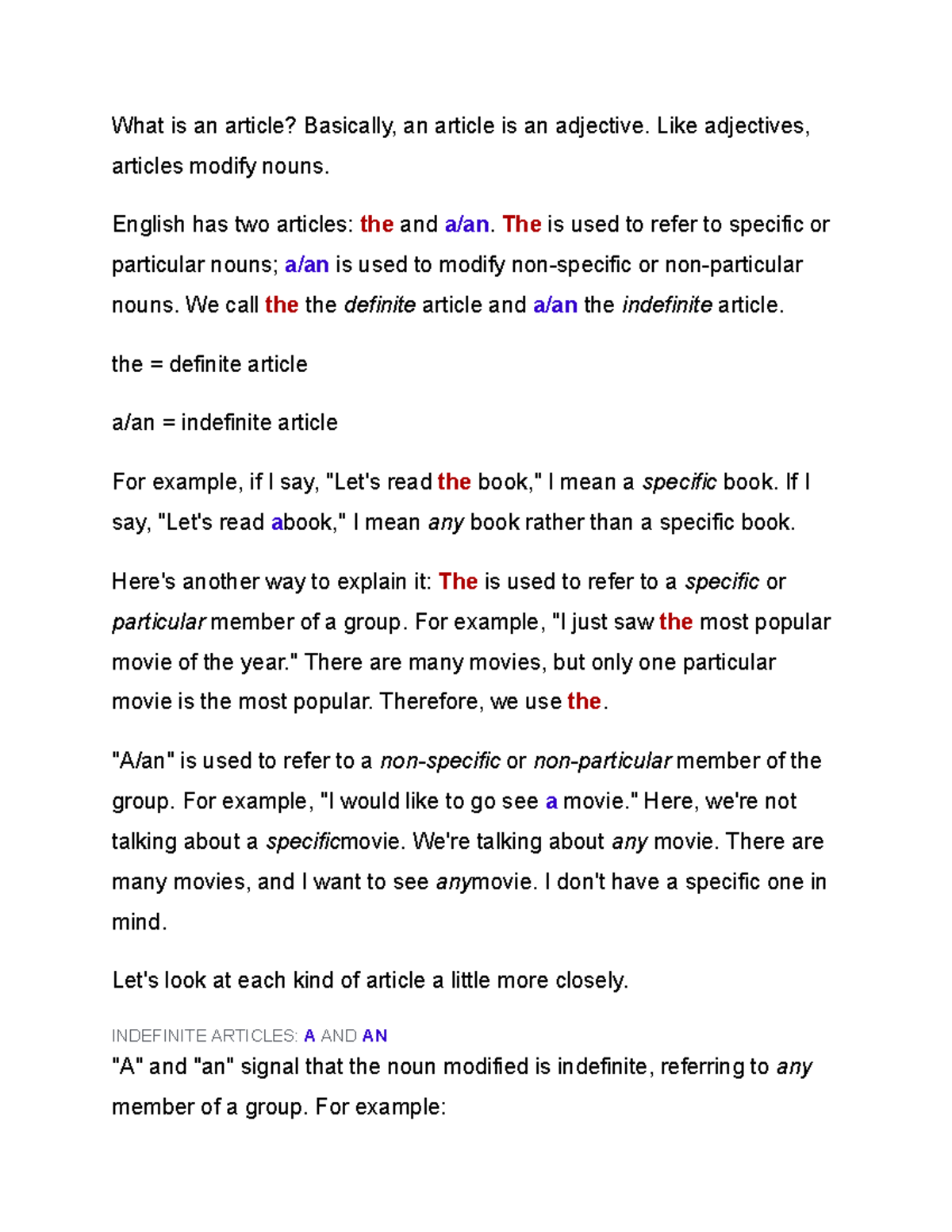 What is an article - Like adjectives, articles modify nouns. English ...