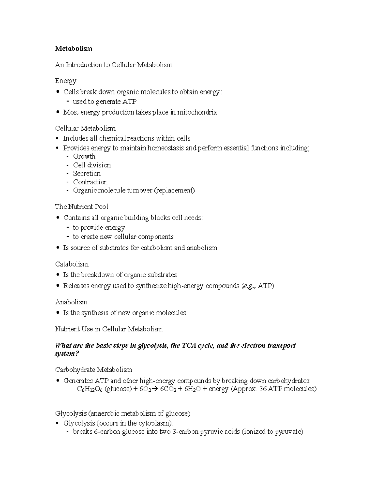 Metabolism Outline - Covers the metabolic system and its components ...