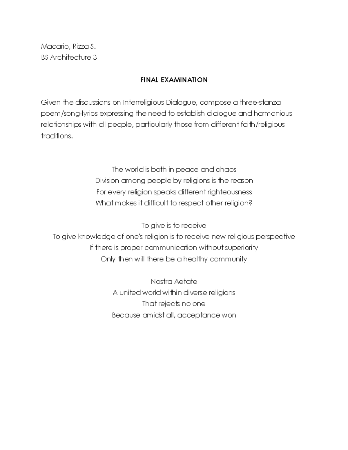 2464 CFE105B Final Exam - Macario, Rizza S. BS Architecture 3 FINAL ...