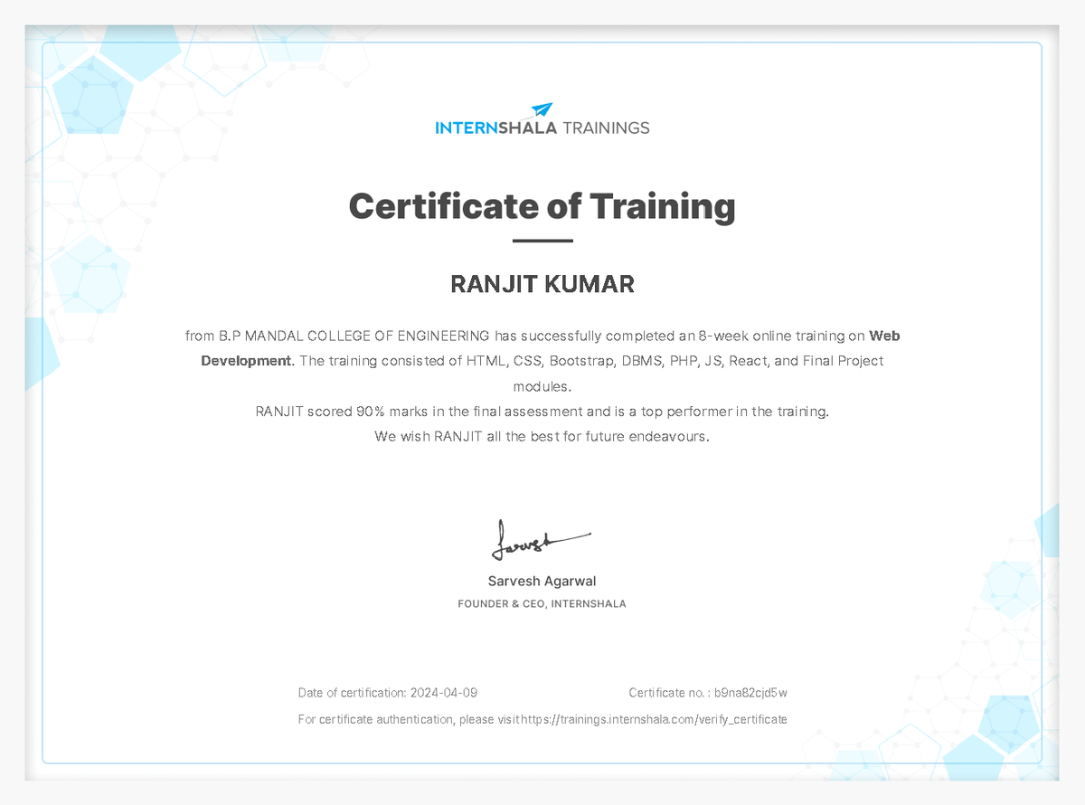 Web Development Training - Certificate of Completion - RANJIT KUMAR from B MANDAL COLLEGE OF ...