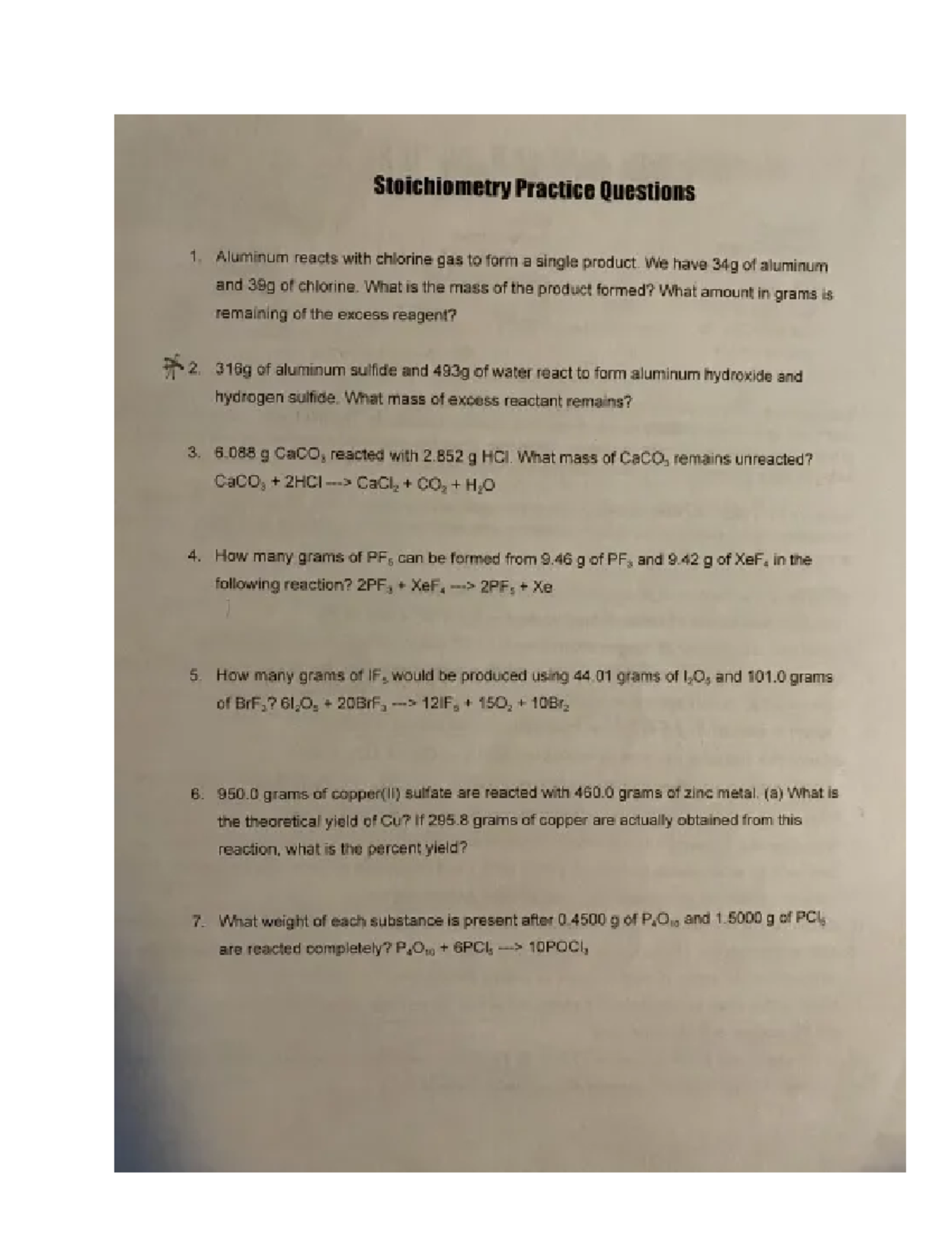 Stoichiometry Practice Questions - Aluminum reacts with chlorine gas to ...