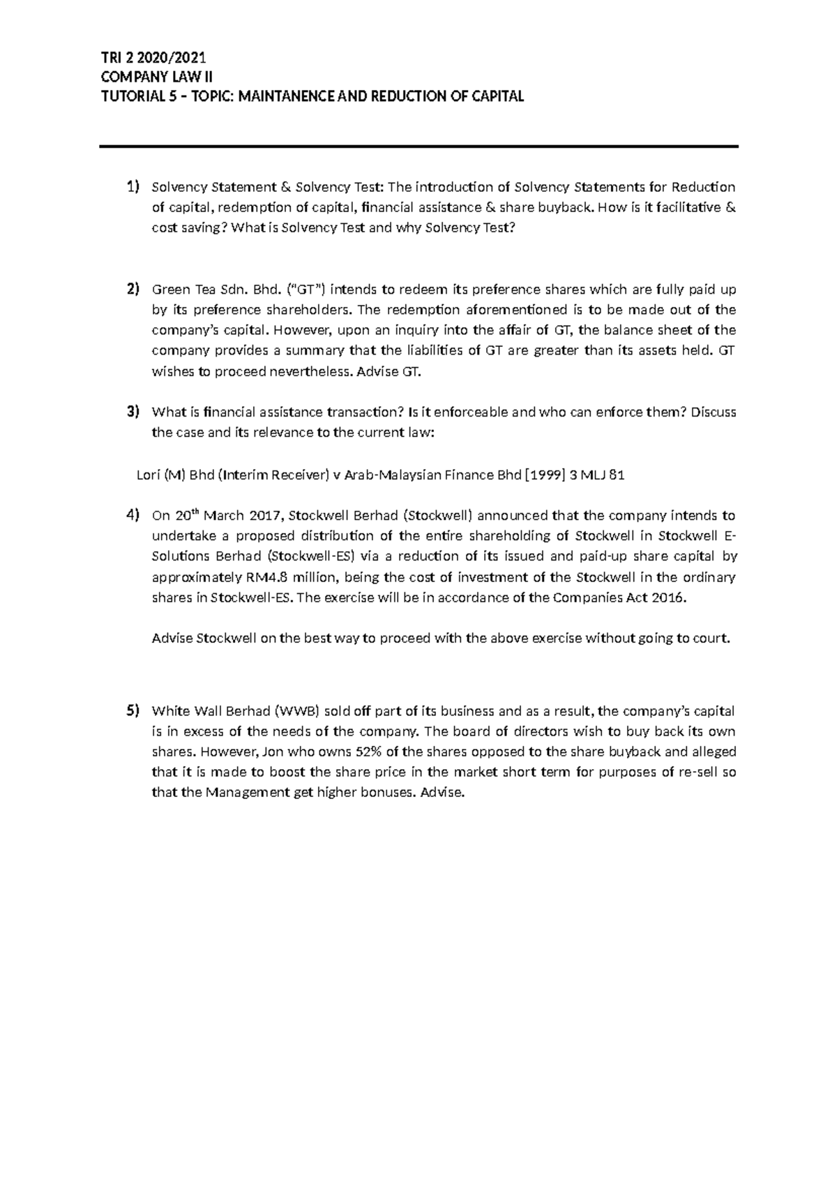 Topic 5 tutorial practice - TRI 2 2020/ COMPANY LAW II TUTORIAL 5 ...