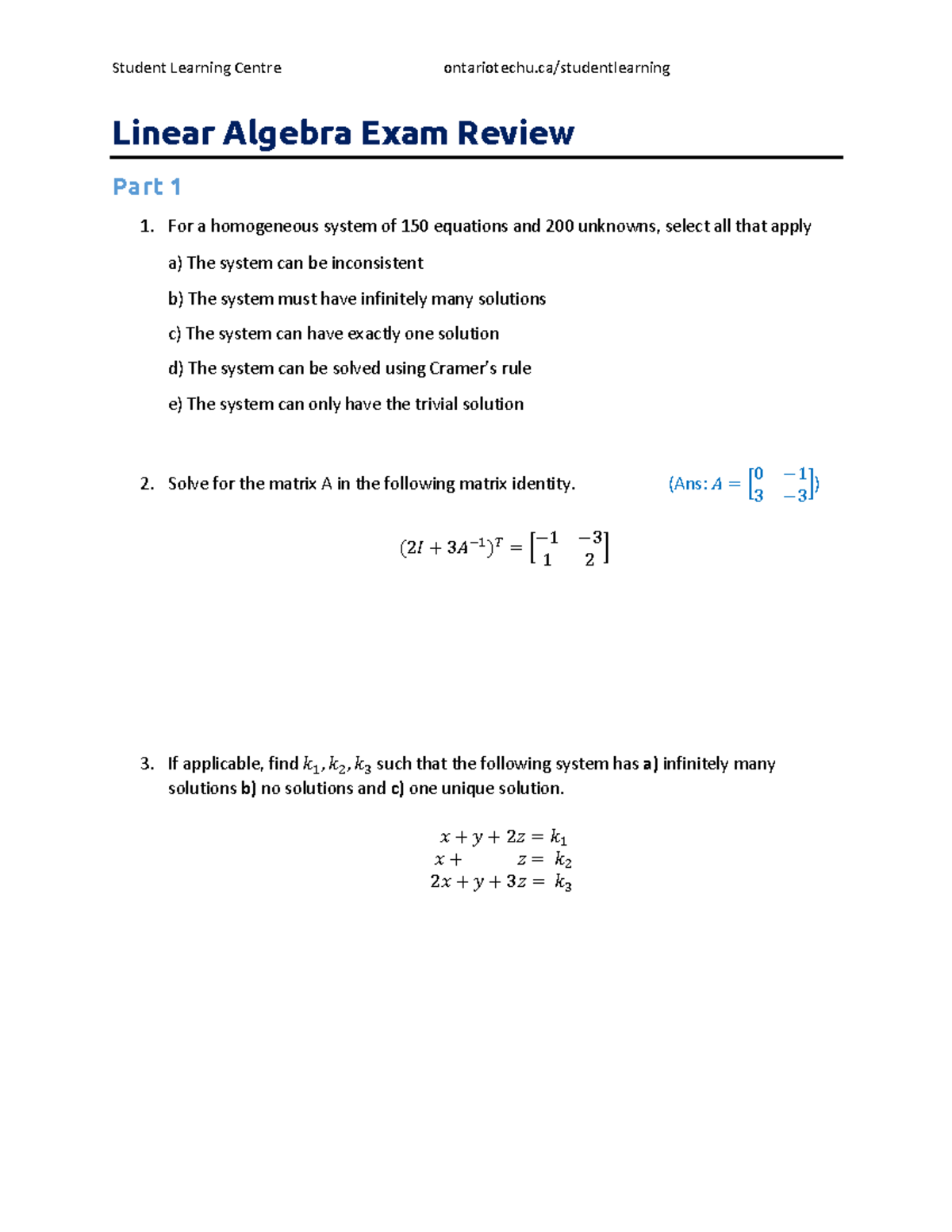 Linear Algebra Exam Review F2022 - Linear Algebra Exam Review Part 1 ...